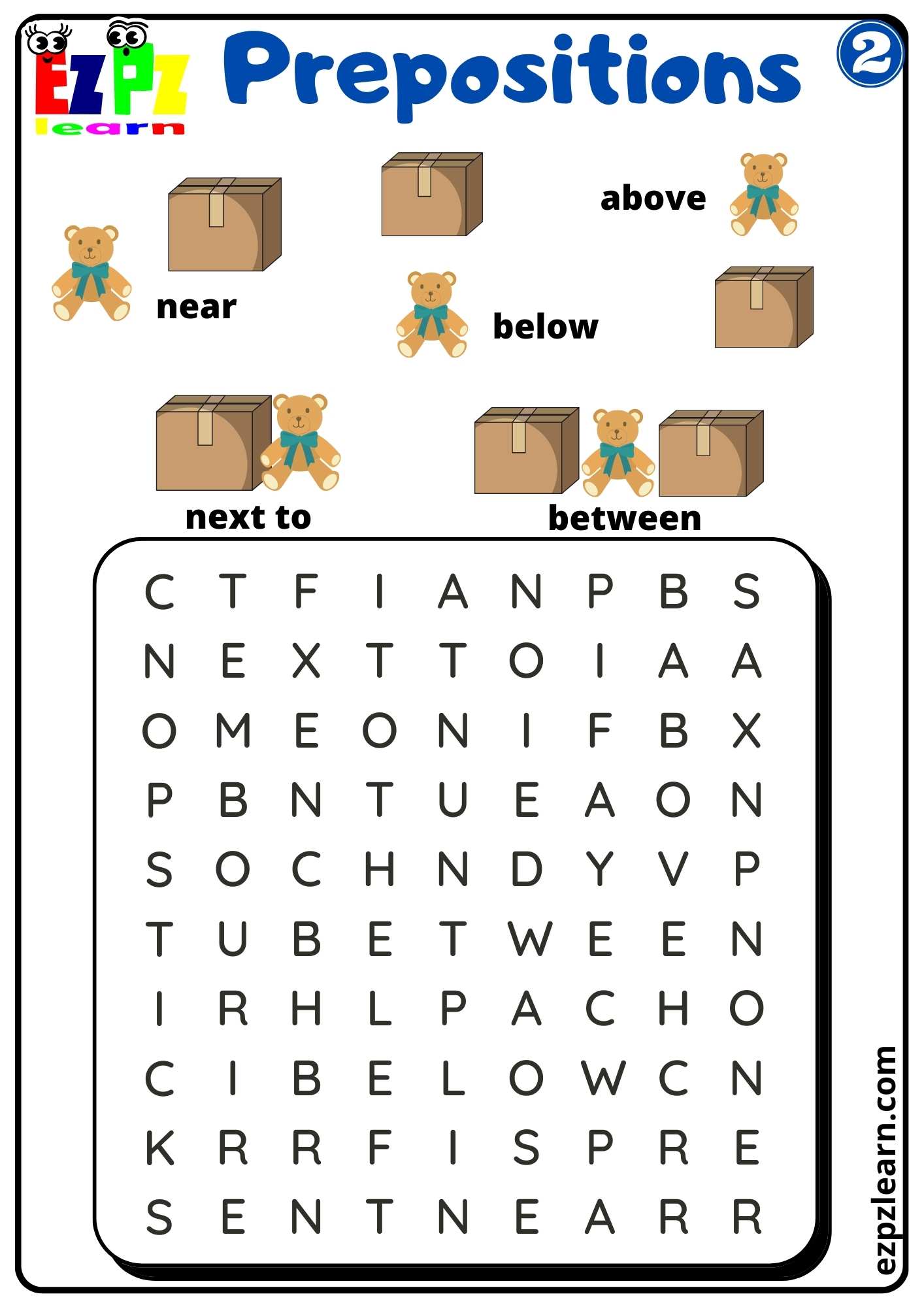 Prepositions of Place Word Search Worksheet for Kindergarten and ESL ...