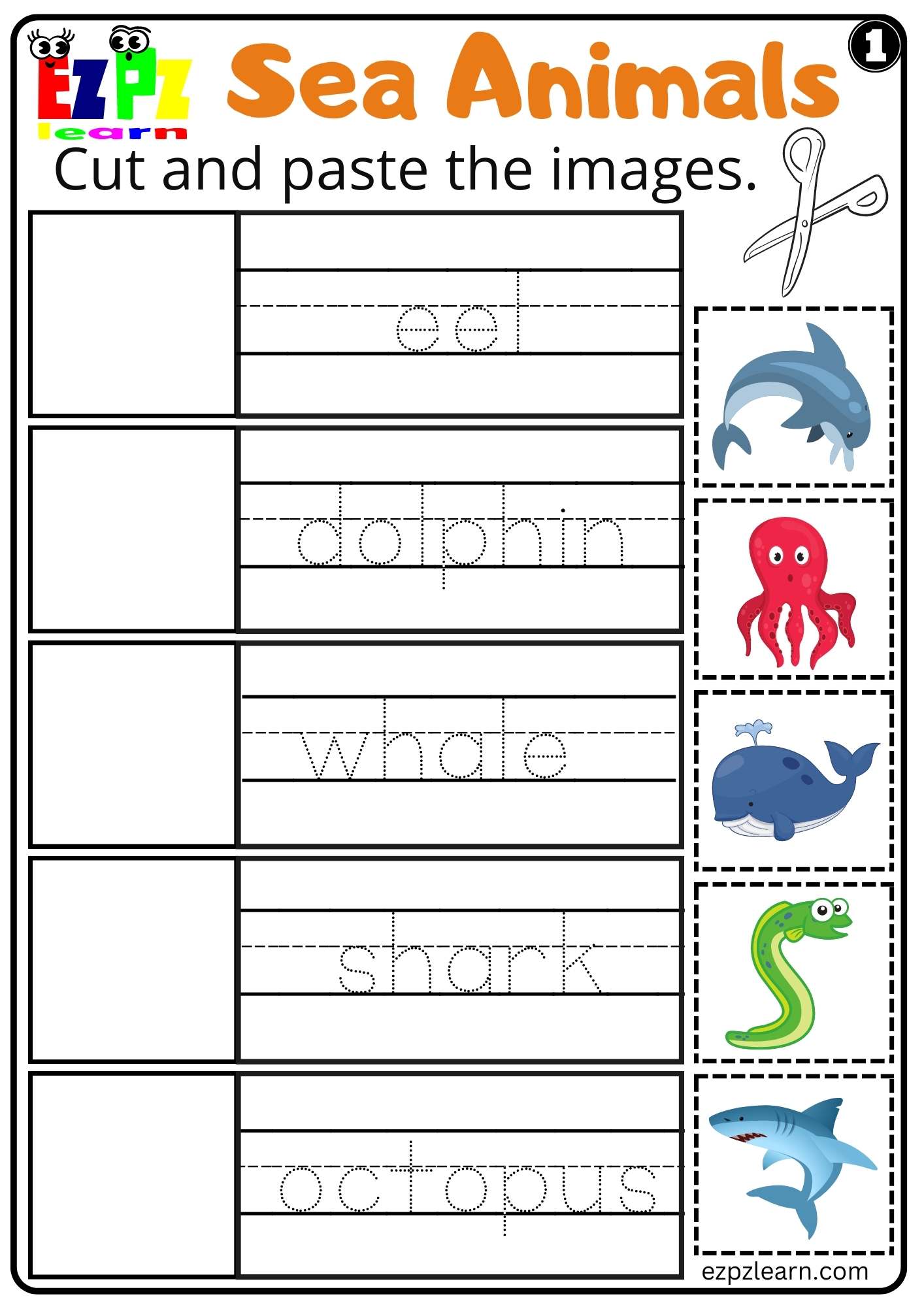 Sea Animals Cut and Paste Worksheet For Kids and ESL Set 1 - Ezpzlearn.com