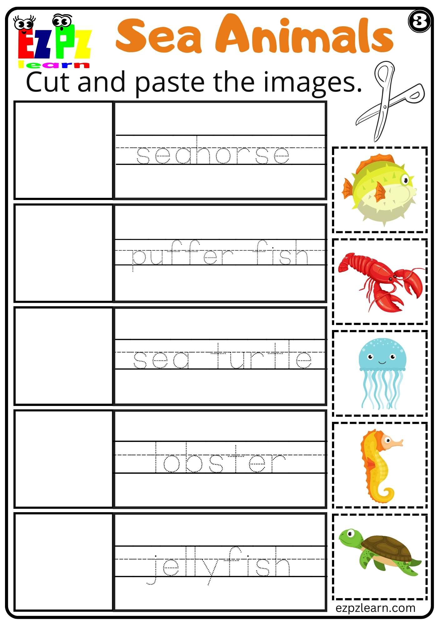 Sea Animals Cut and Paste Worksheet For Kids and ESL Set 3 Free PDF ...