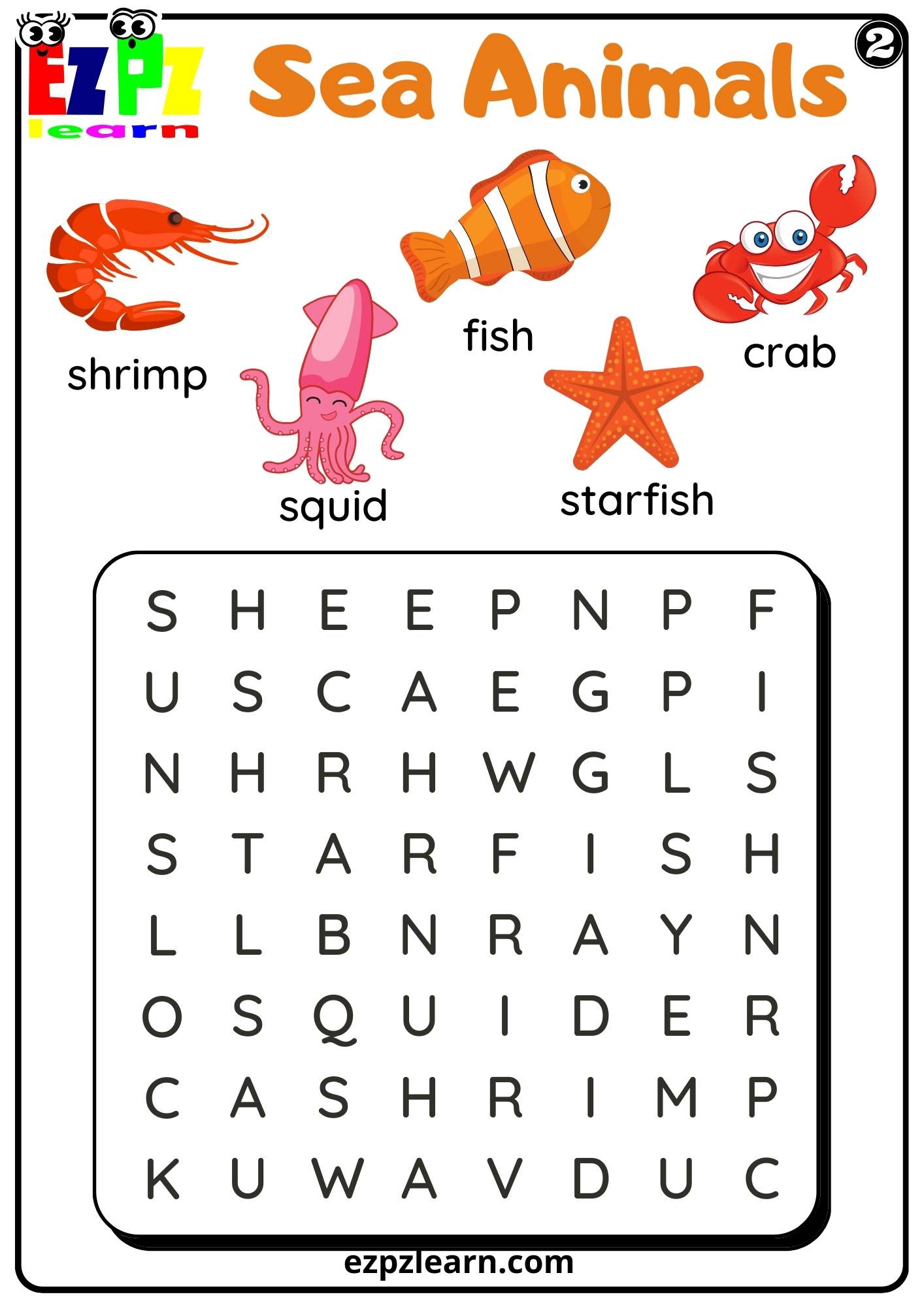 Sea Animals Word Search Worksheet For Kids and ESL Set 2 Free PDF ...