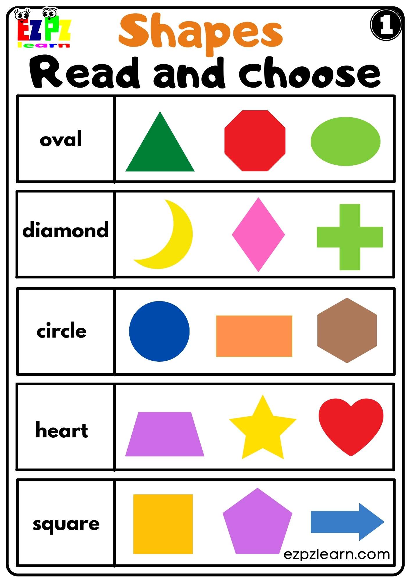 Shapes Read and Choose Worksheet for Home Schooling Kindergarten and ...