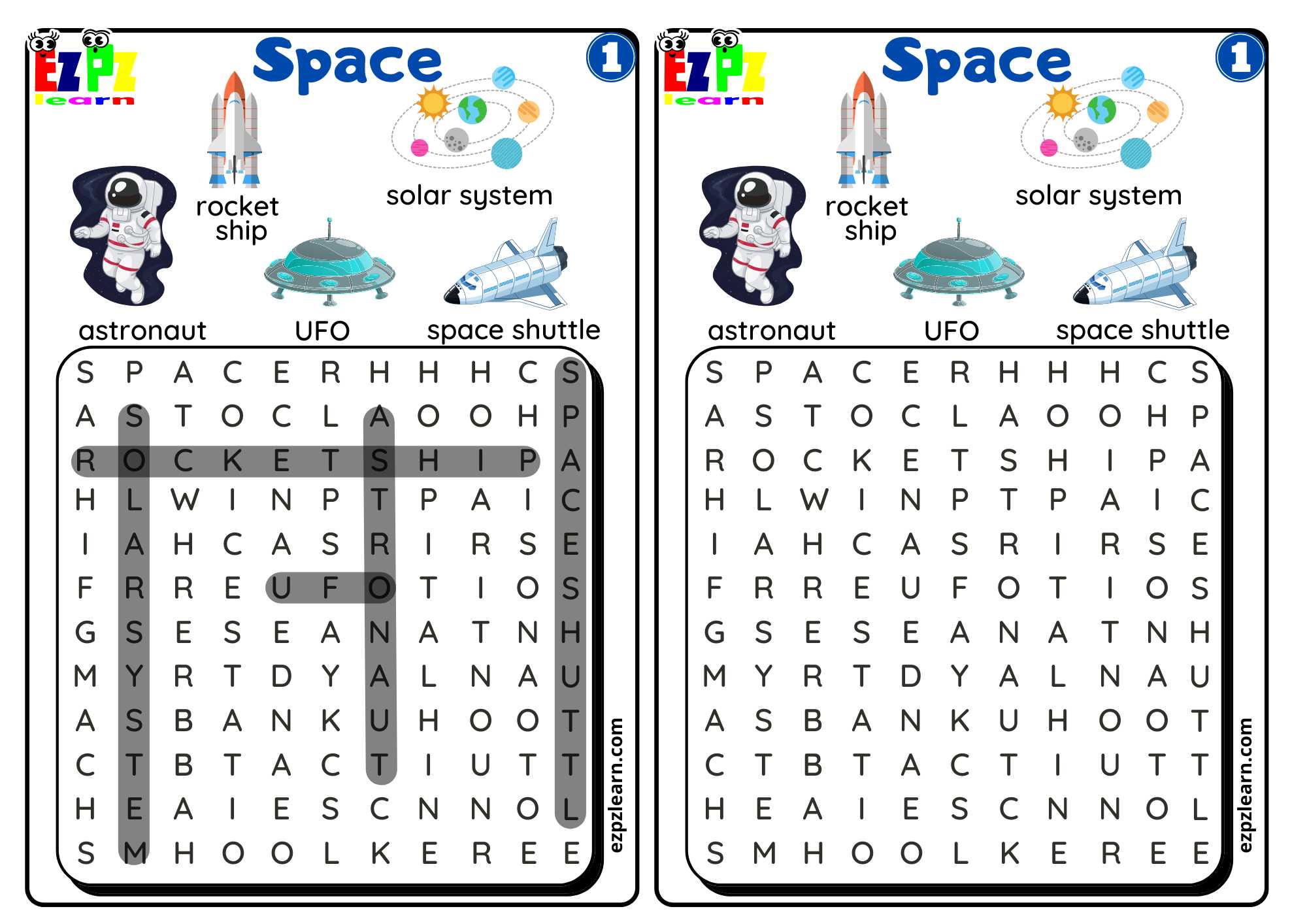 Space Word Search Worksheet Number 1 - Ezpzlearn.com