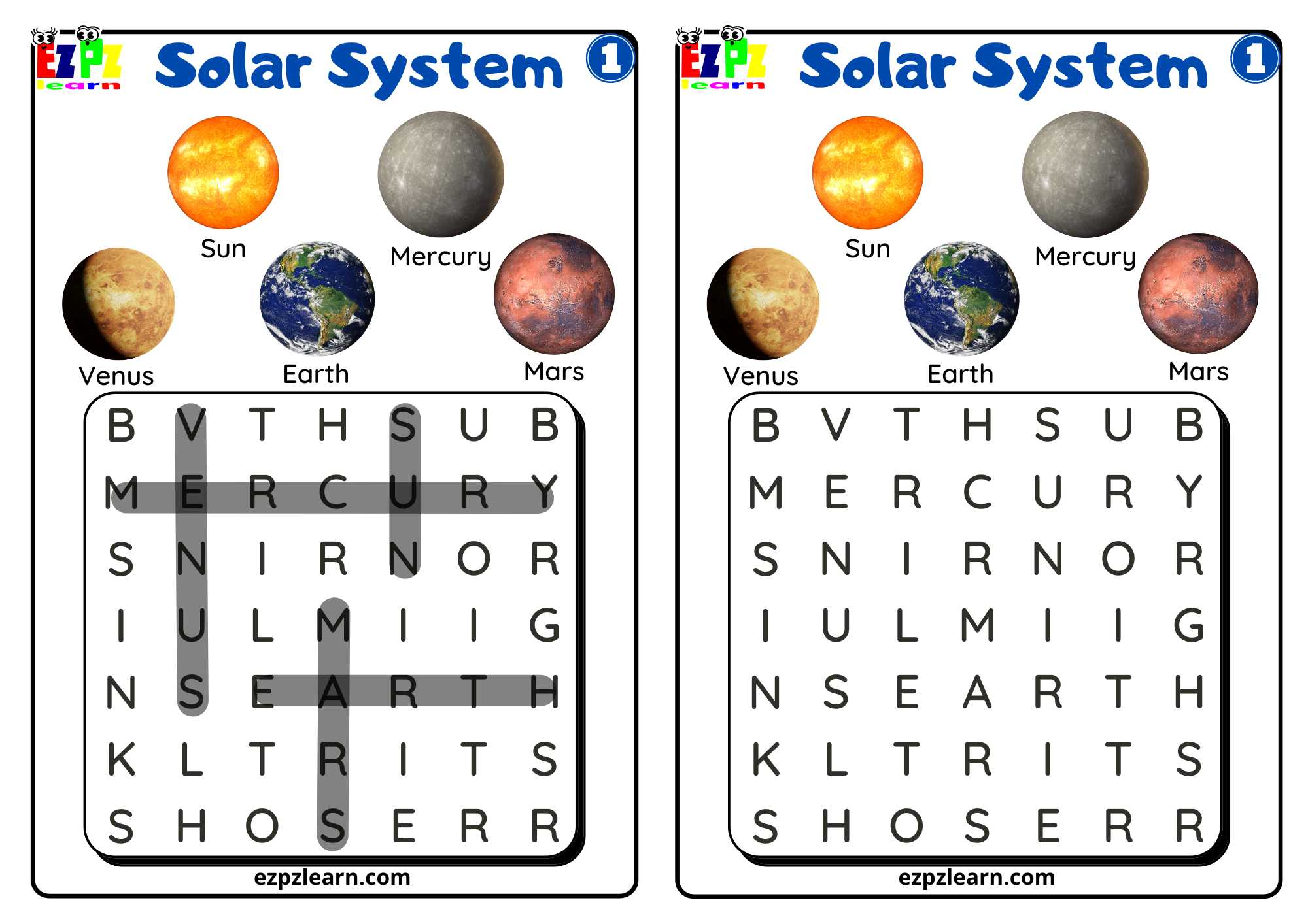 Solar System Word Search 1 - Ezpzlearn.com