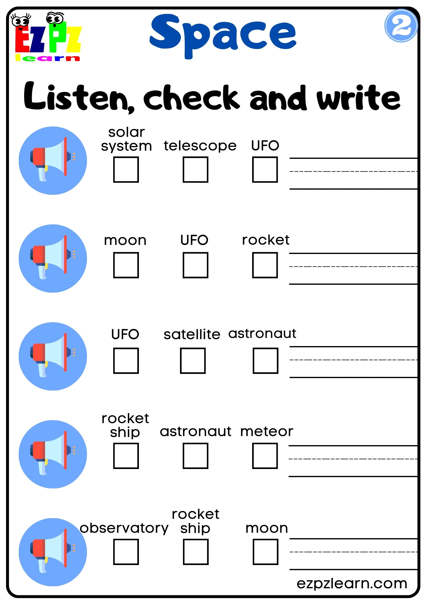 Space Vocabulary Interactive Worksheet Listen, Check and Write the ...