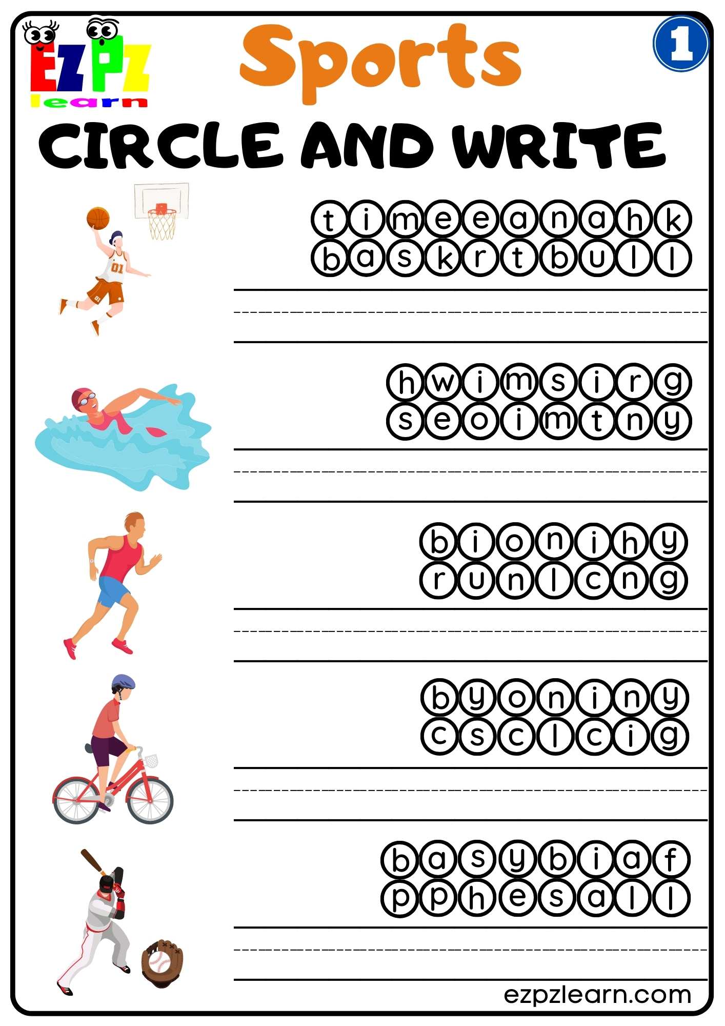 Group 1 Sports Circle and Write Worksheet for K5 Kids and ESL Students ...