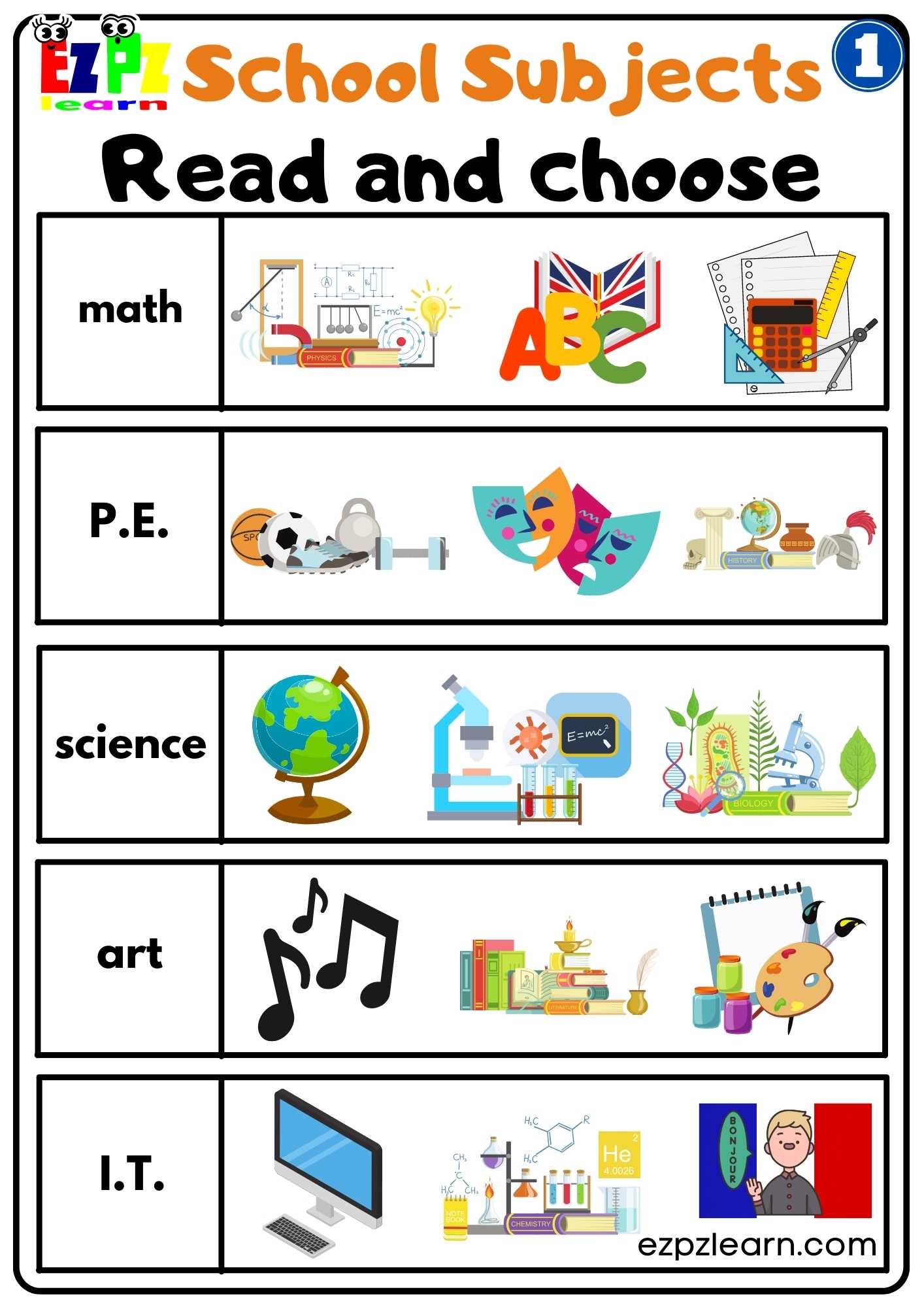 Group1 School Subjects Read and Choose Worksheet for K5 and ESL ...