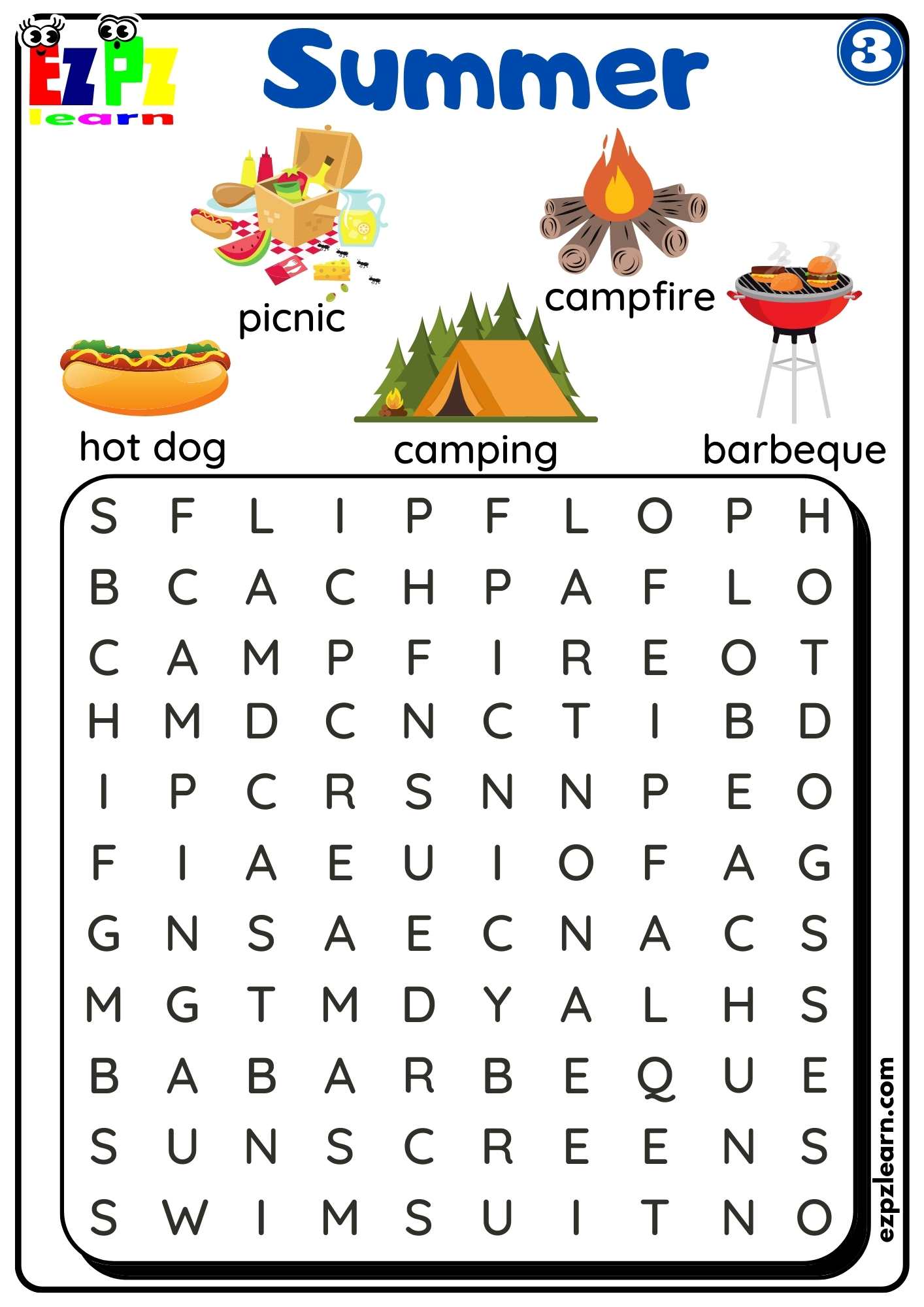 Summer and Beach Word Search activity for kids set 3 - Ezpzlearn.com