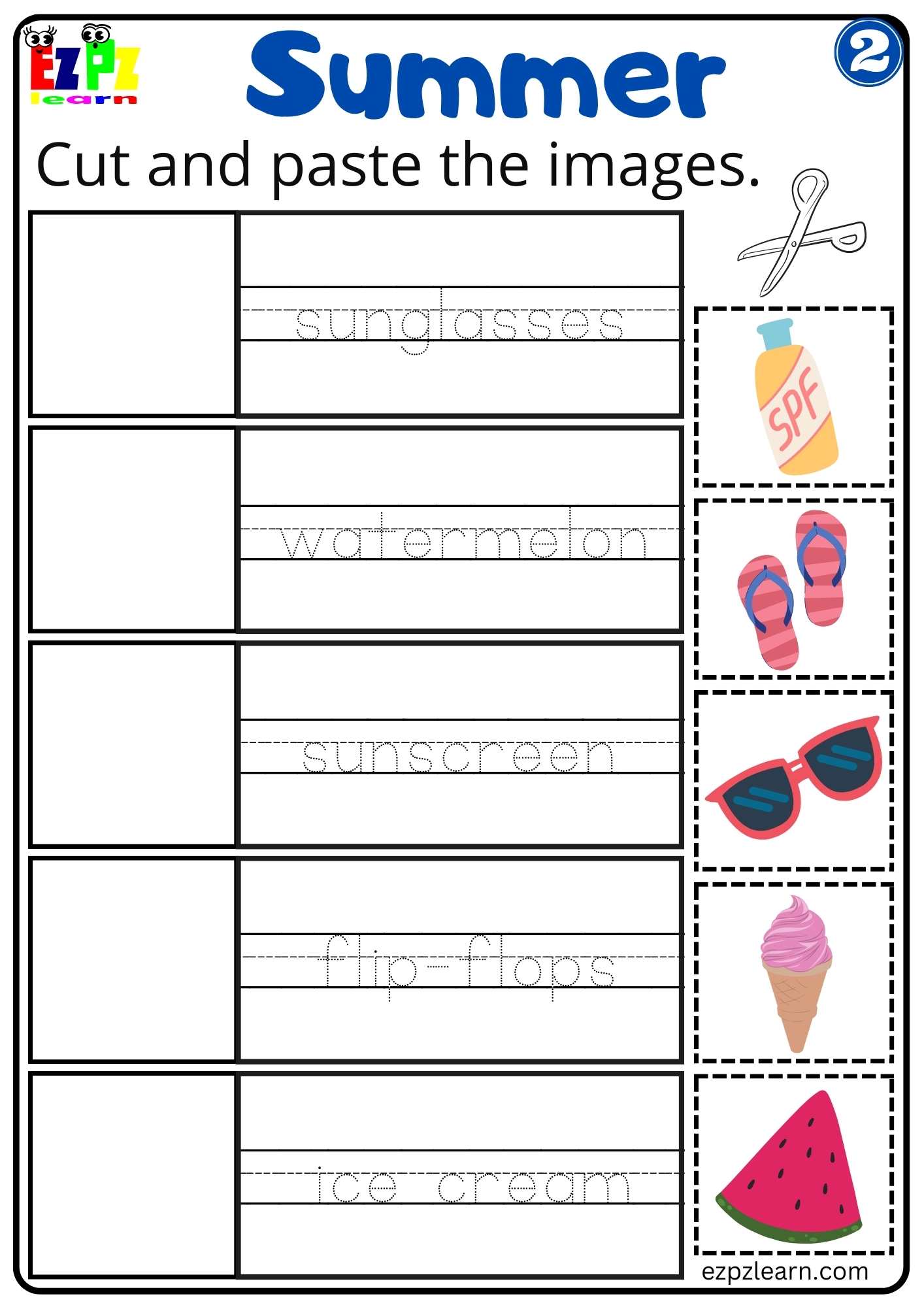 Summer Beach Cut and Paste activity for kids set 2 - Ezpzlearn.com