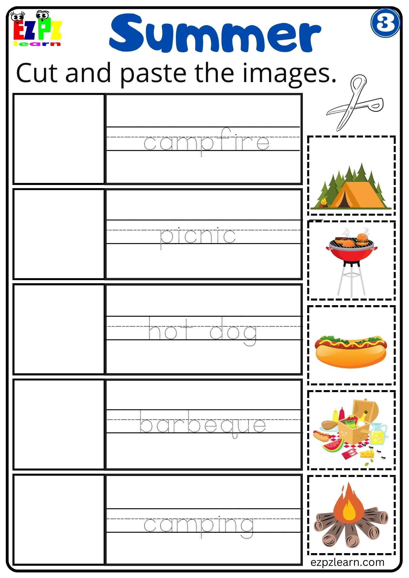 Summer and Beach Cut and Paste activity for kids set 3 - Ezpzlearn.com