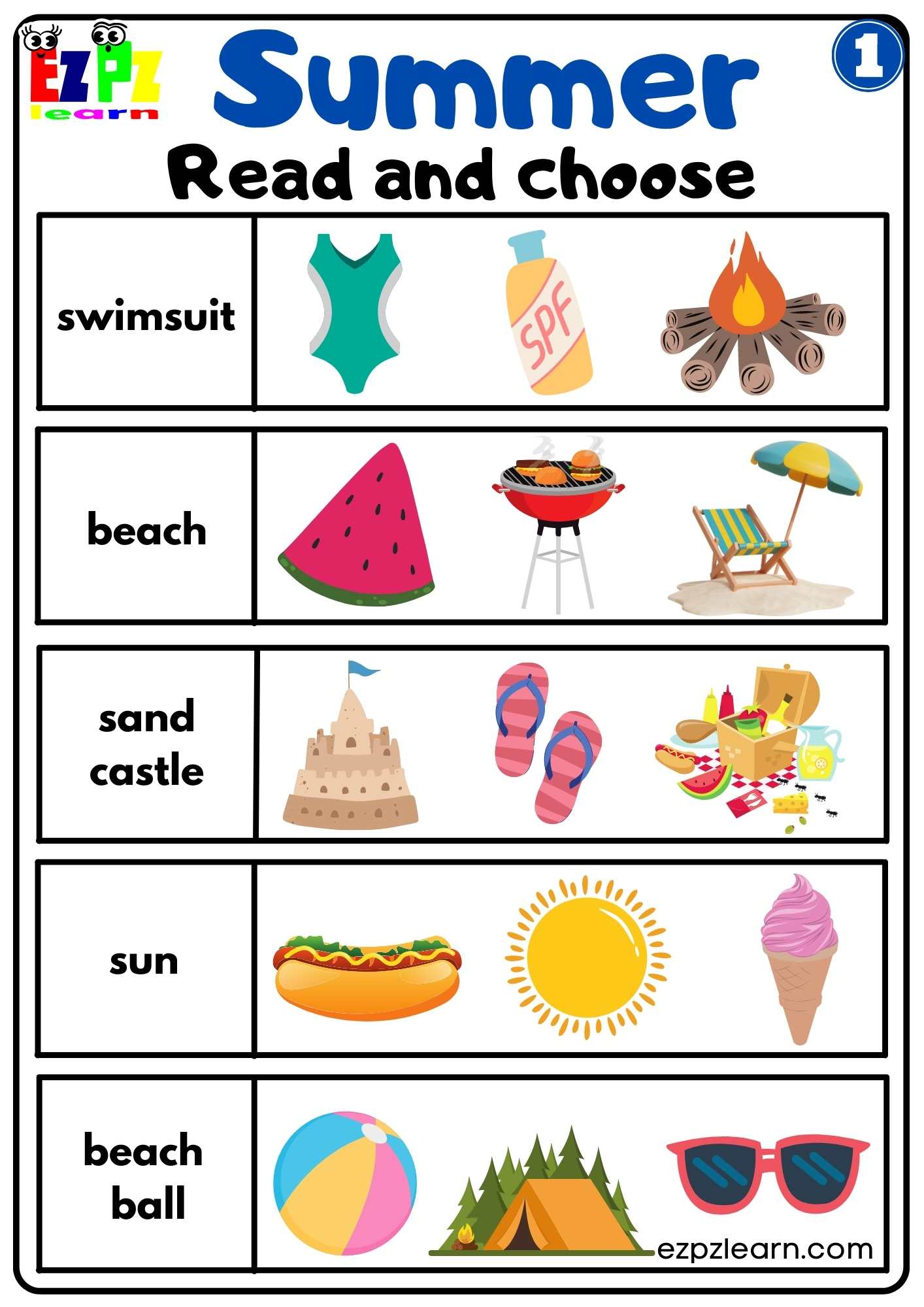 Summer read and choose activity for kids set 1 - Ezpzlearn.com