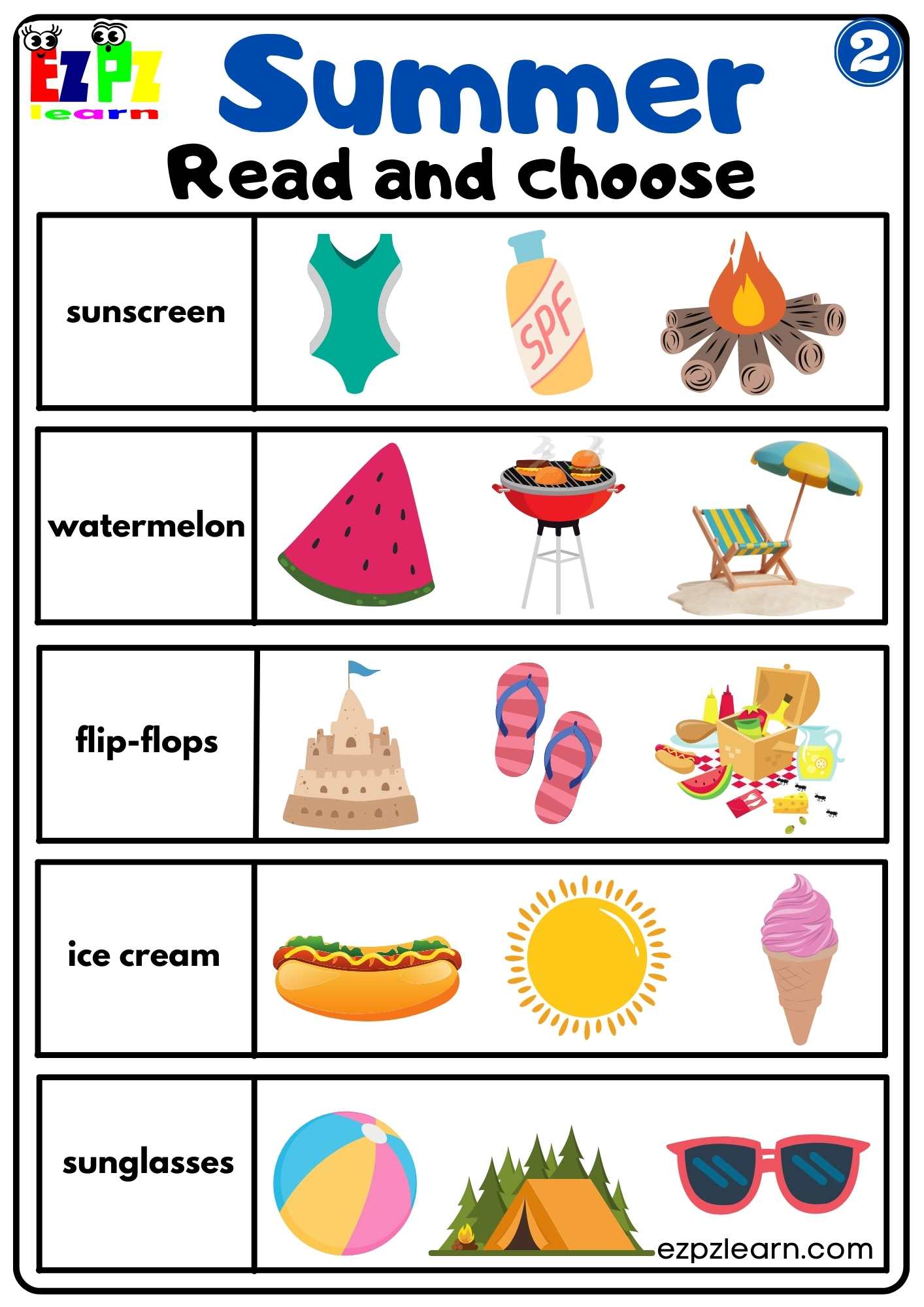 Summer Read and Choose activity for kids set 2 - Ezpzlearn.com