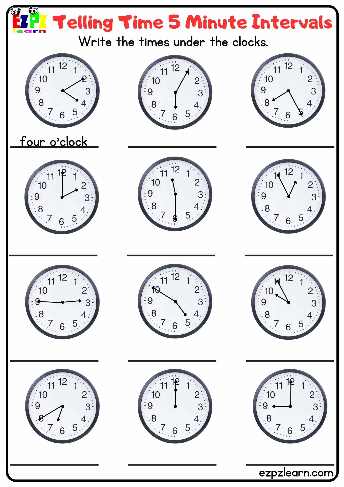 Telling Time 5 Minute Intervals Write the Correct Words For Homeschool ...