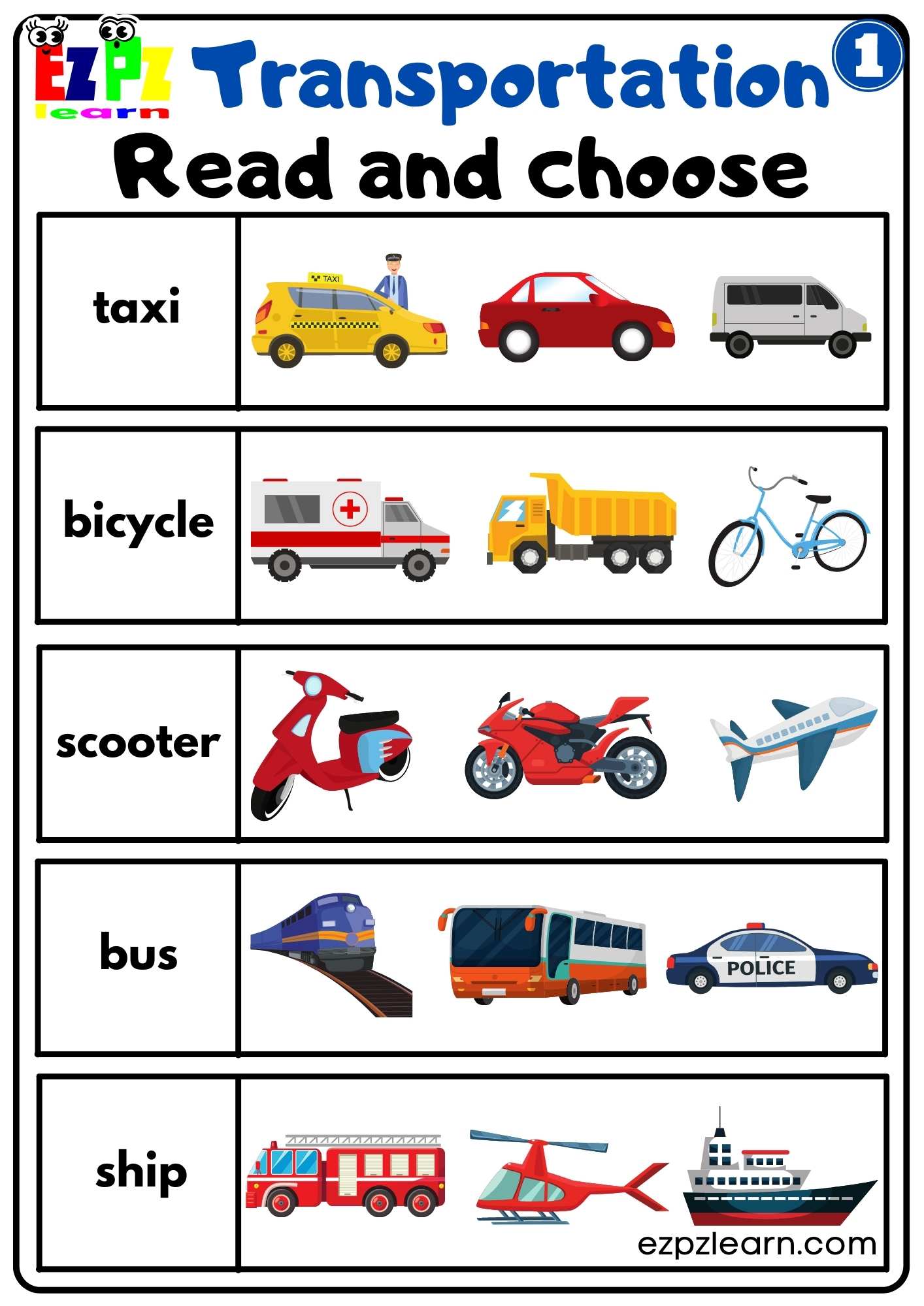 Transportation Vocabulary Read and Choose Worksheet Easy for Kids Free ...