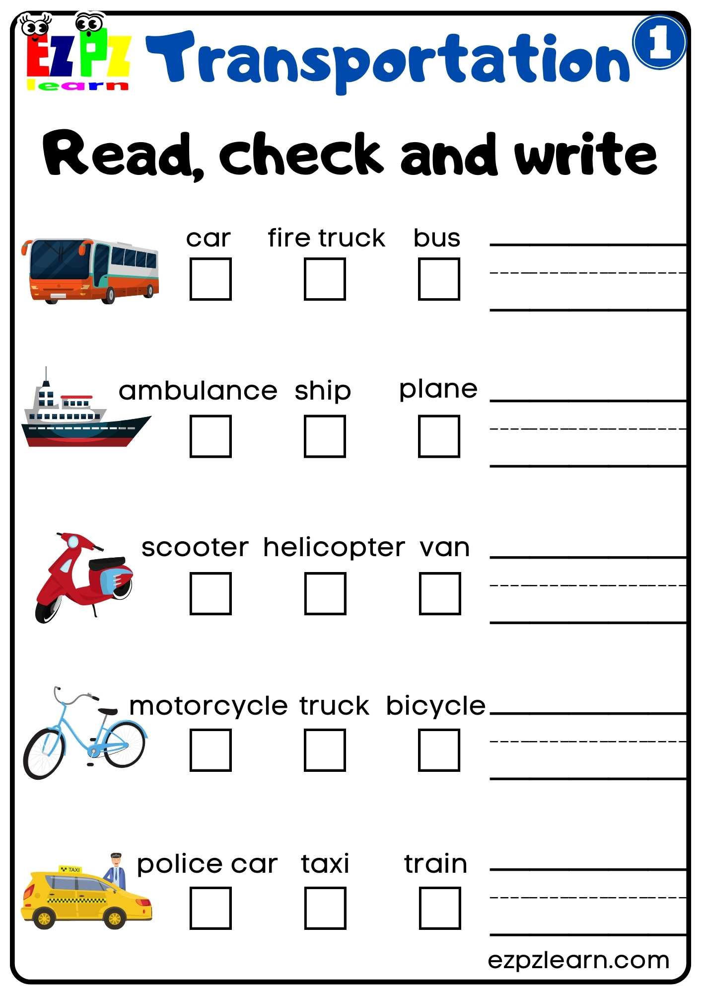 Transportation Vocabulary Read Check and Write Worksheet Easy for Kids ...