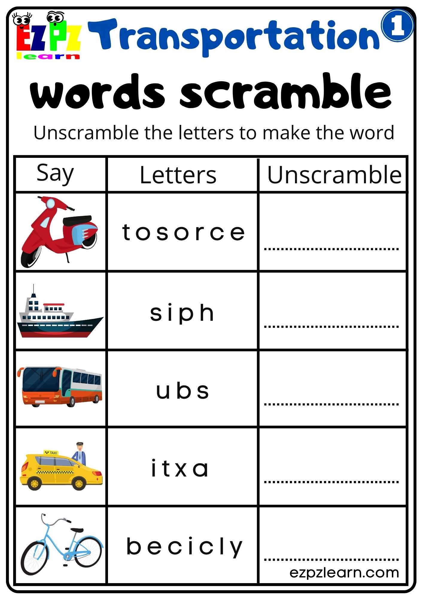 Transportation Vocabulary Word Scramble Worksheet Easy for Kids Free ...