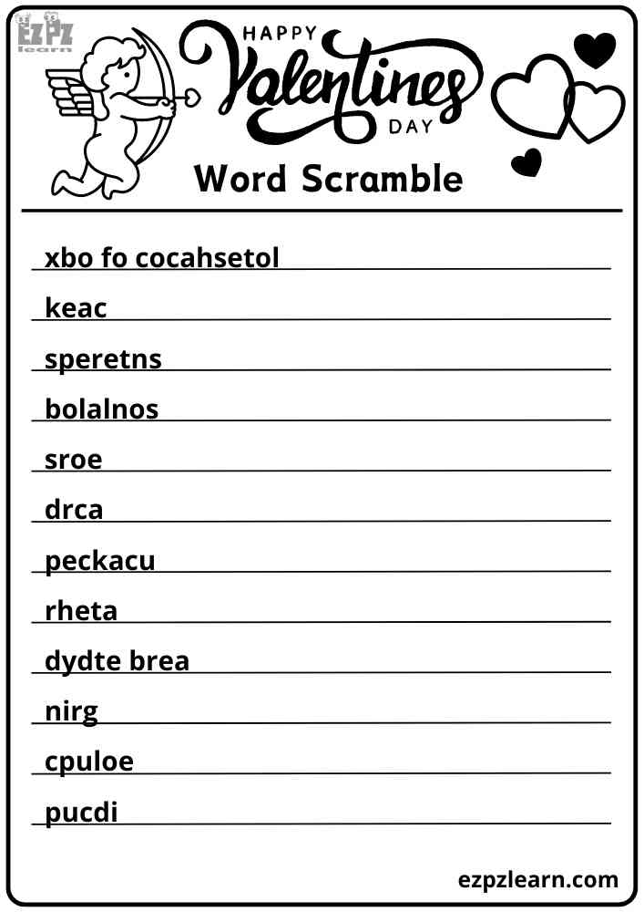 Valentines Holiday Word Scramble 12 Words - Ezpzlearn.com
