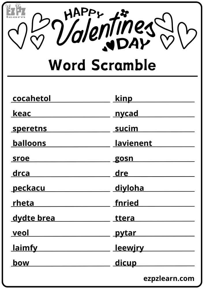 Valentines Holiday Word Scramble 25 Words - Ezpzlearn.com