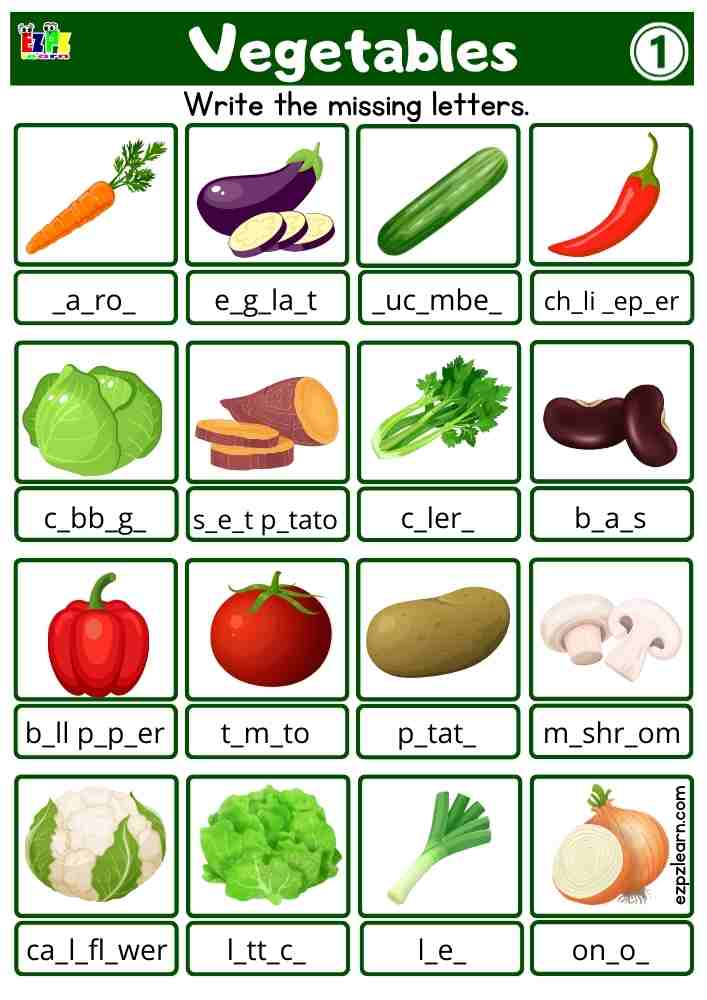 Vegetables – Fill in the Missing Letters (Look at the Picture and ...