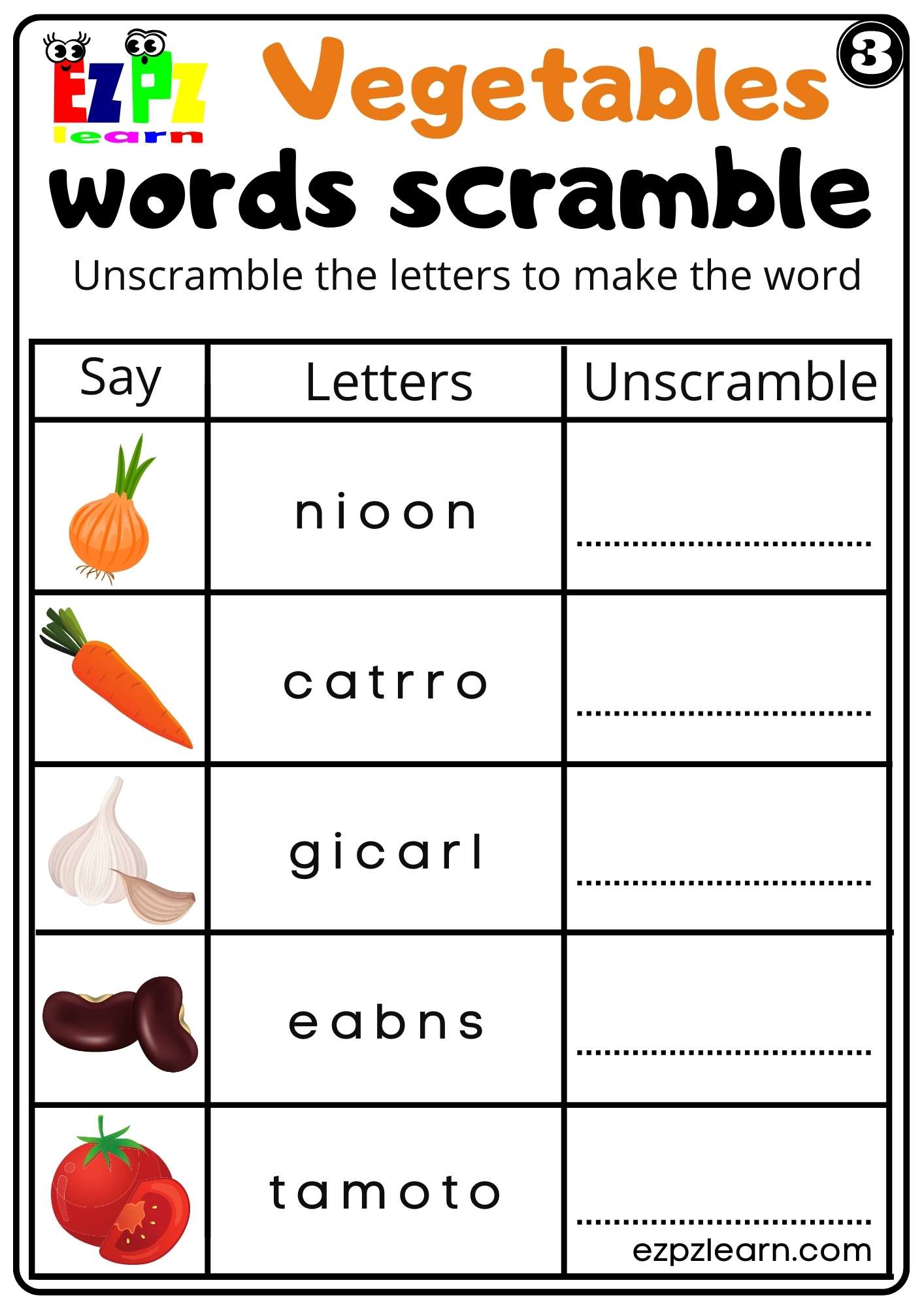 Vegetables Words Scramble Worksheet for K5 Kindergarten and ESL ...