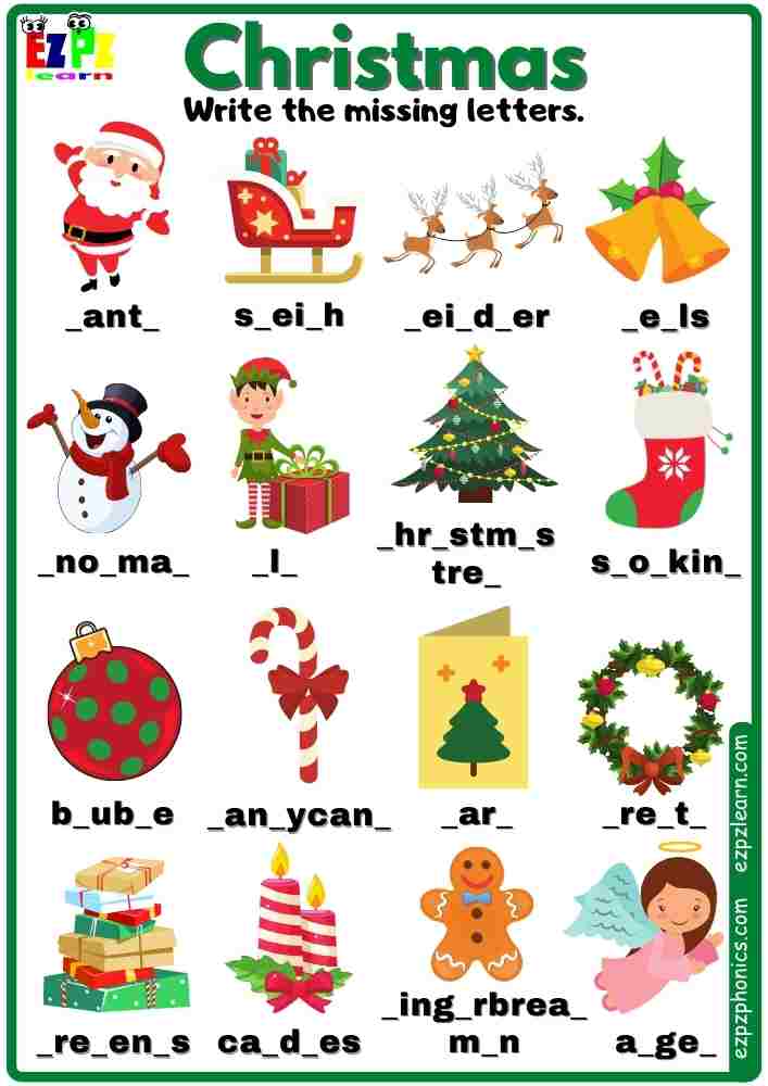 Christmas Vocabulary Write the Missing Letters Worksheet - Ezpzlearn.com