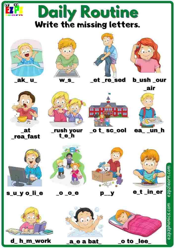 Daily Routine Vocabulary Write the Missing Letters Worksheet ...