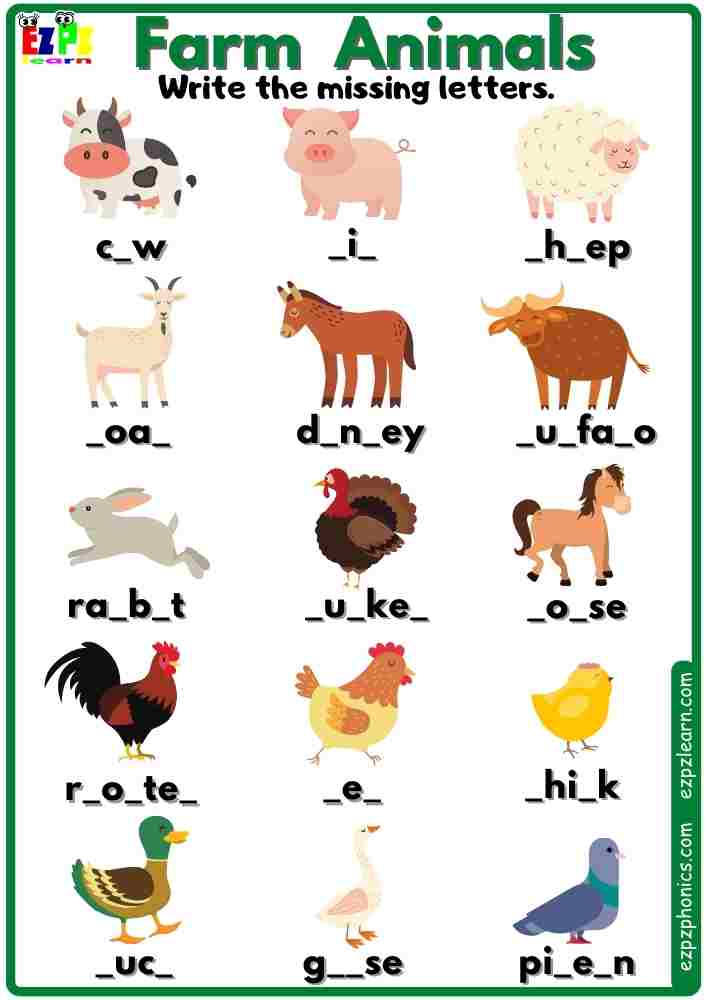 Farm Animals Vocabulary Write the Missing Letters Worksheet - Ezpzlearn.com