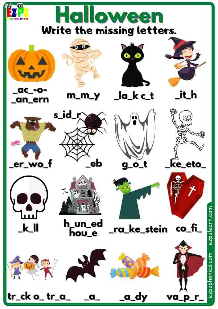 Halloween Holiday Vocabulary Write the Missing Letters Worksheet ...