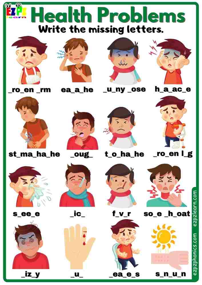 Health Problems Vocabulary Write the Missing Letters Worksheet ...