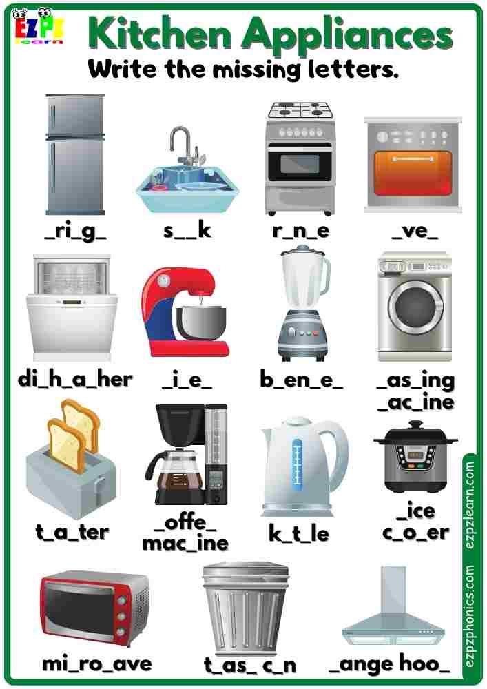 Kitchen Appliances Vocabulary Write the Missing Letters Worksheet ...