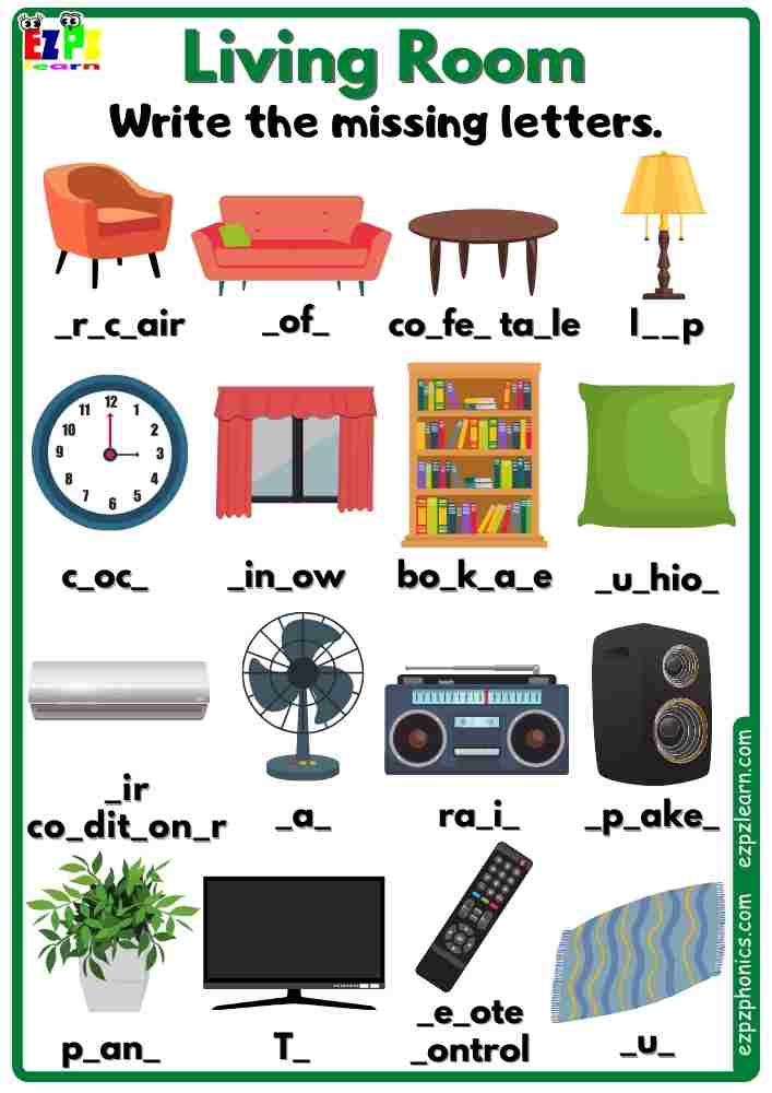 Living Room House Vocabulary Write the Missing Letters Worksheet ...
