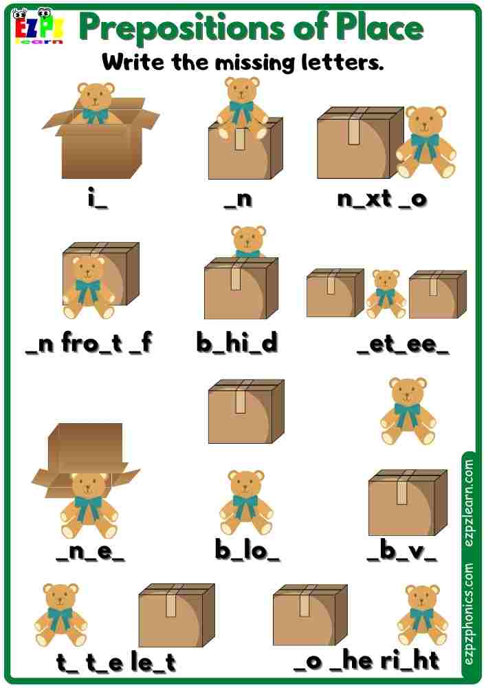 Prepositions of Place Vocabulary Write the Missing Letters Worksheet ...