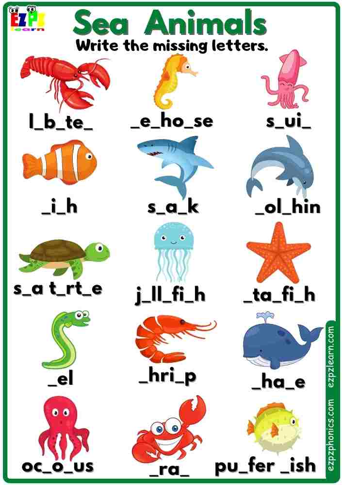 Sea Animals Vocabulary Write the Missing Letters Worksheet - Ezpzlearn.com