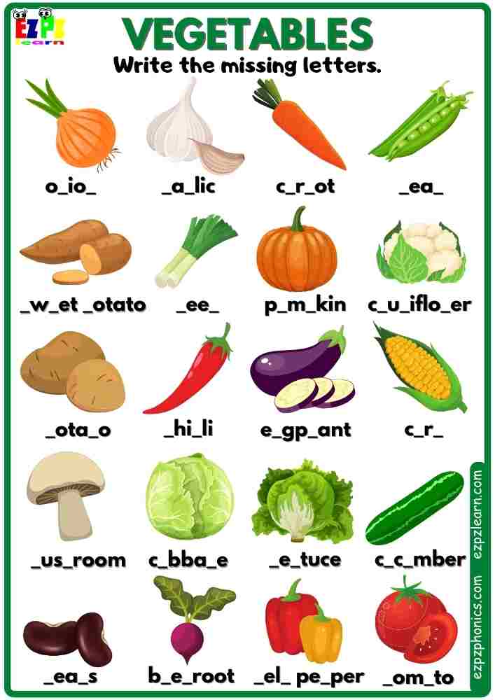 Vegetables Food Vocabulary Write the Missing Letters Activity for Kids ...