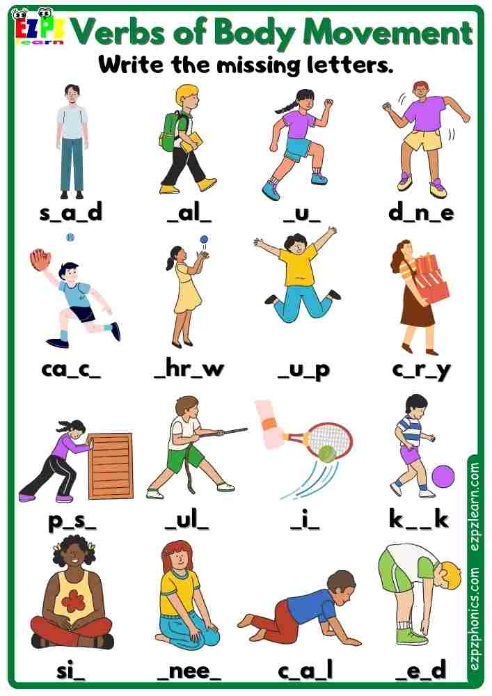 Verbs of Body Movement Vocabulary Write the Missing Letters Activity ...