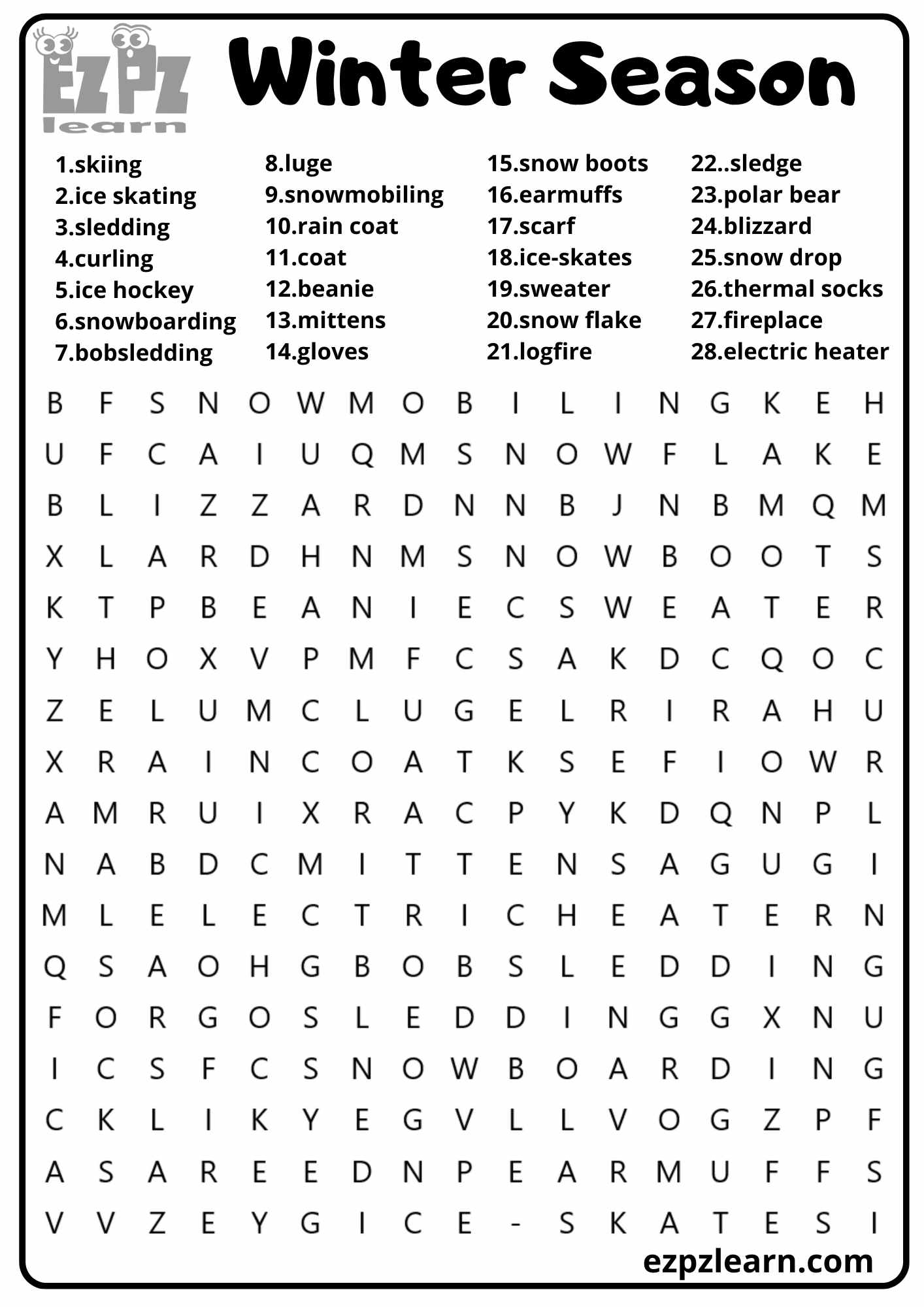 Winter Season Vocabulary 28 Words Search Activity for Kids and English ...