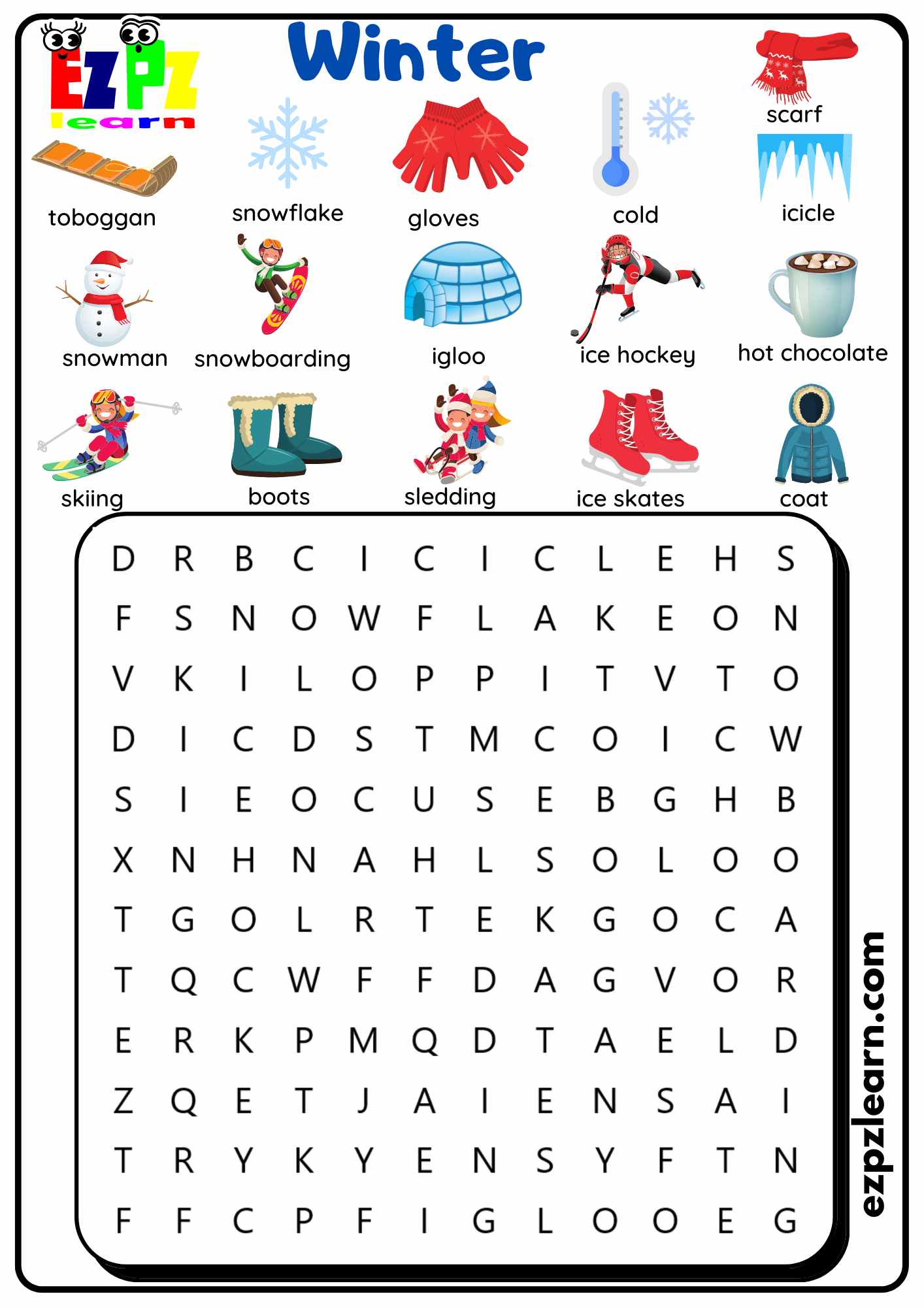 Winter Season Vocabulary Words Search Activity with Images for Kids and ...