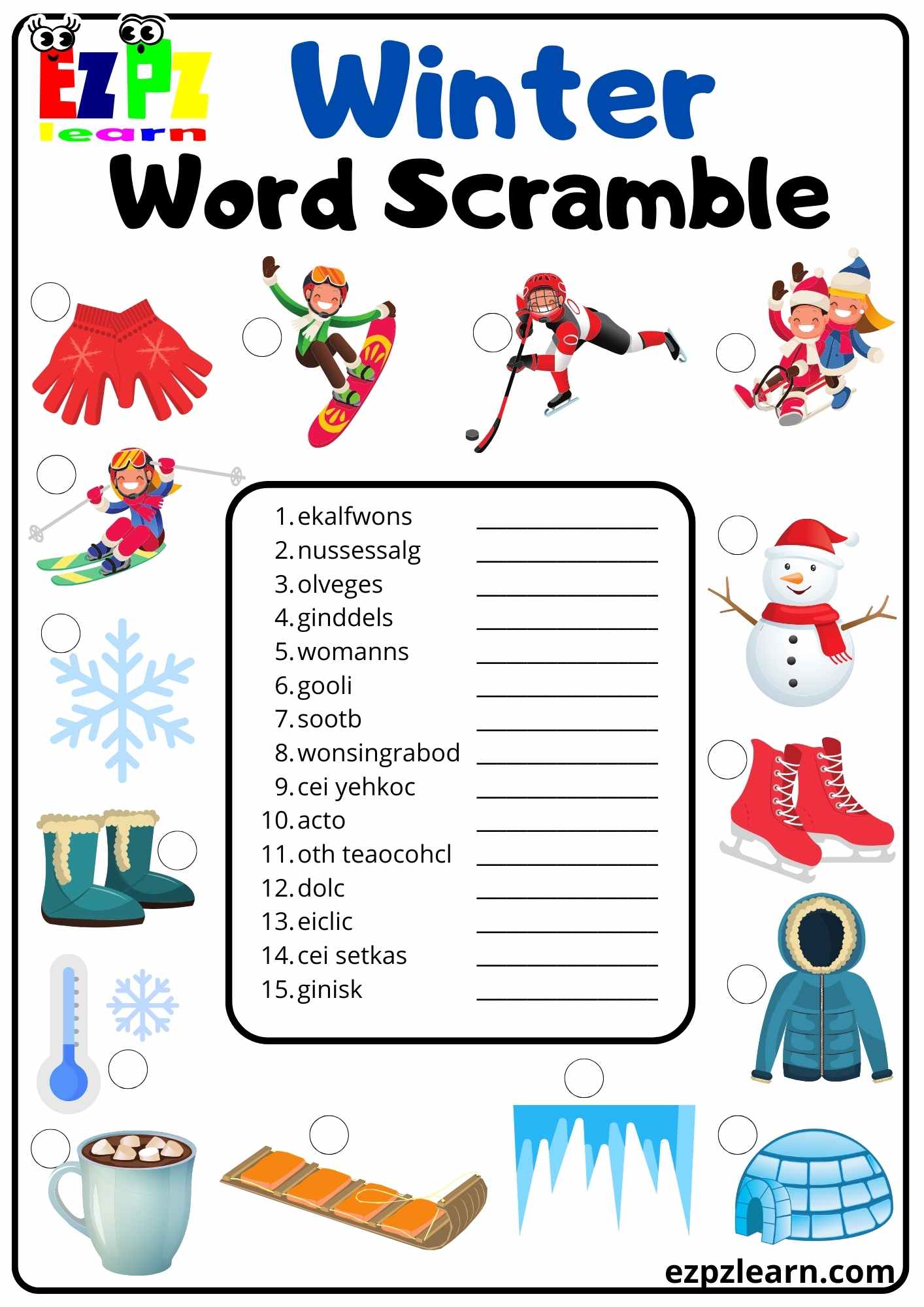 Winter Season Vocabulary Word Scramble Activity for Kids and English ...