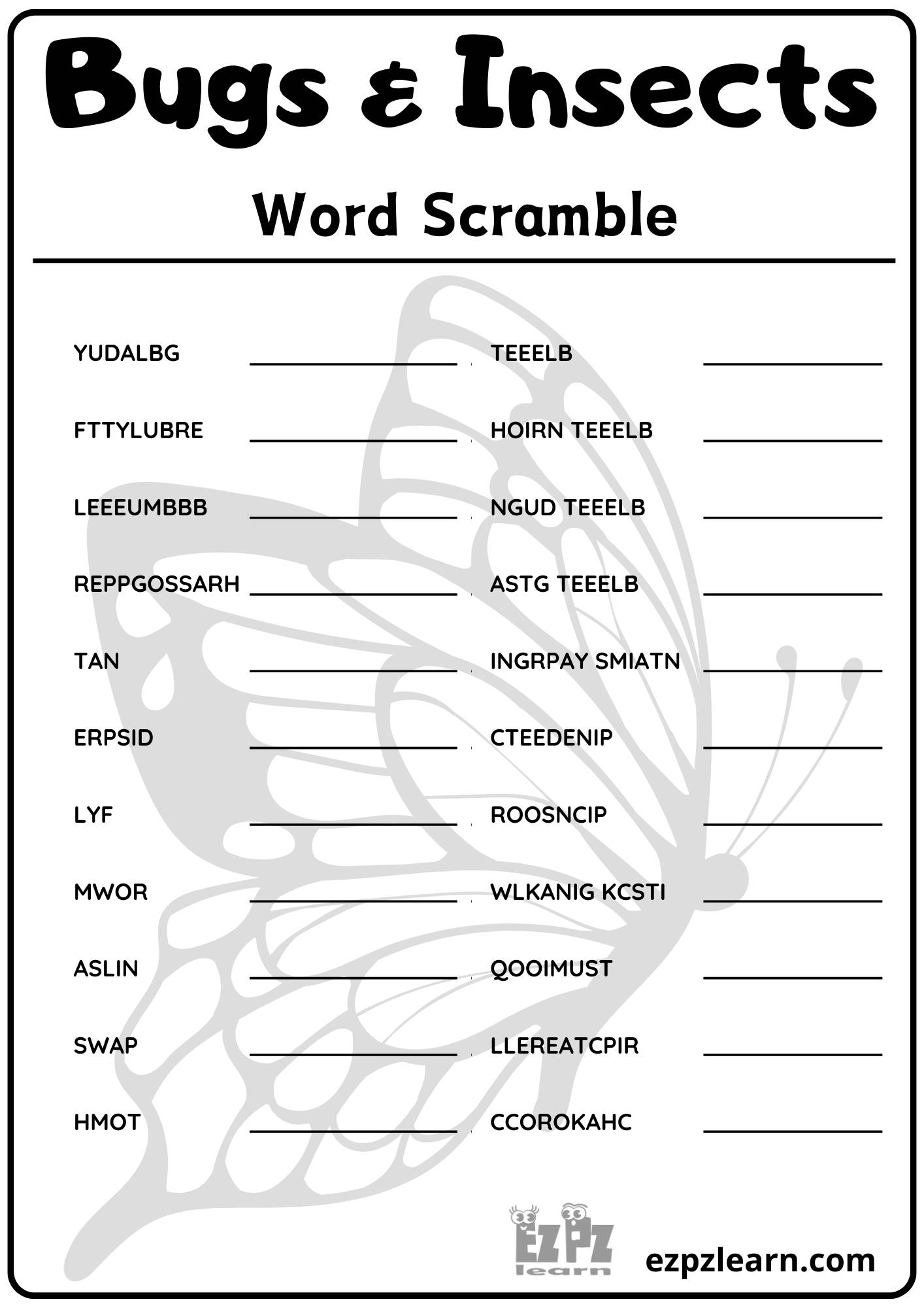 Insects and Bugs Word Scramble 22 Vocabulary Words Free Printable PDF ...