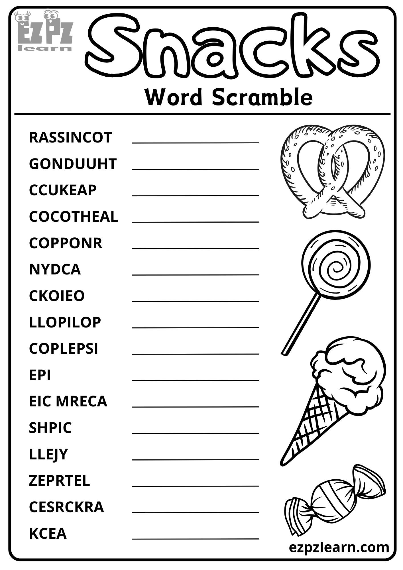 Snacks Word Scramble 16 Words Vocabulary Activity for Kids Free ...