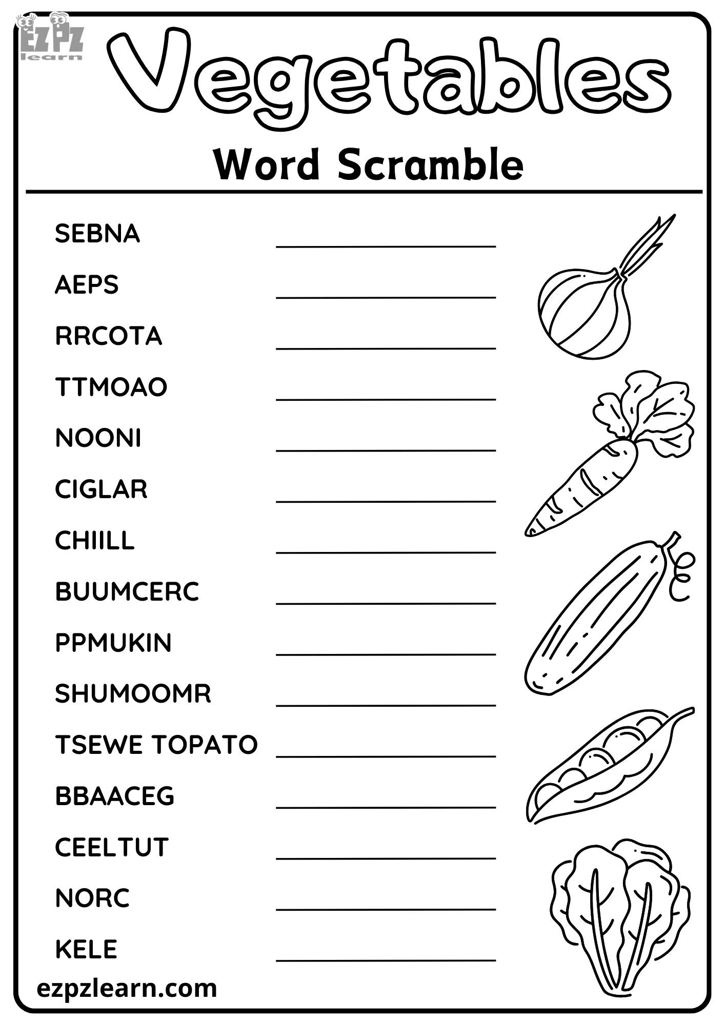 Vegetables Word Scramble 15 Words Vocabulary Activity for Kids Free ...