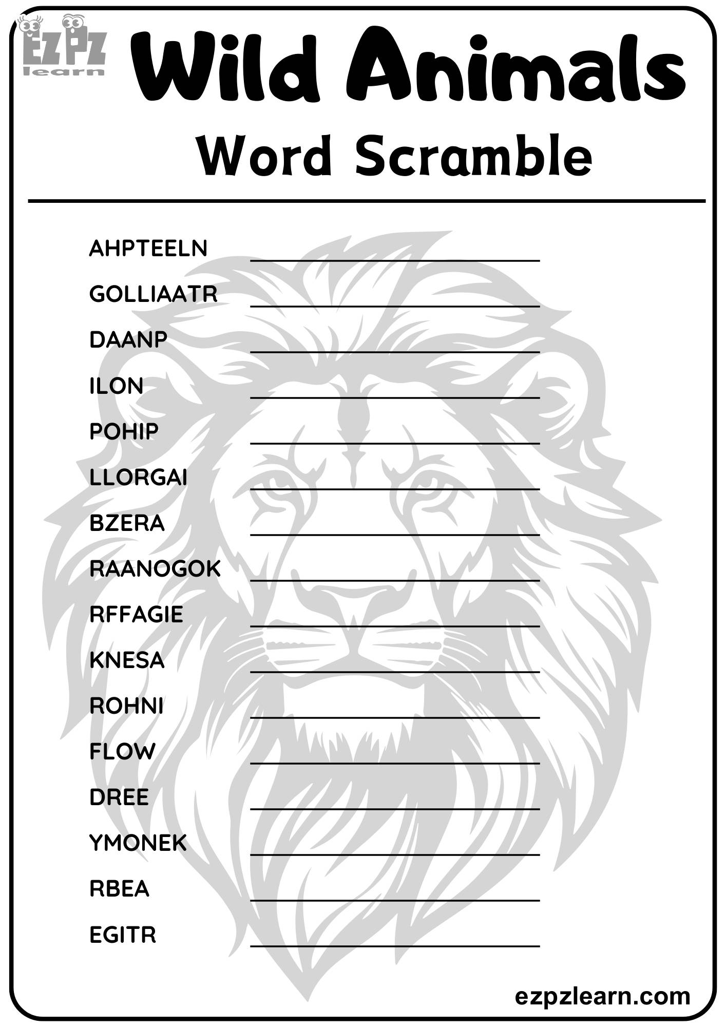 Wild Animals Word Scramble 16 Words Vocabulary Activity for Kids Free ...
