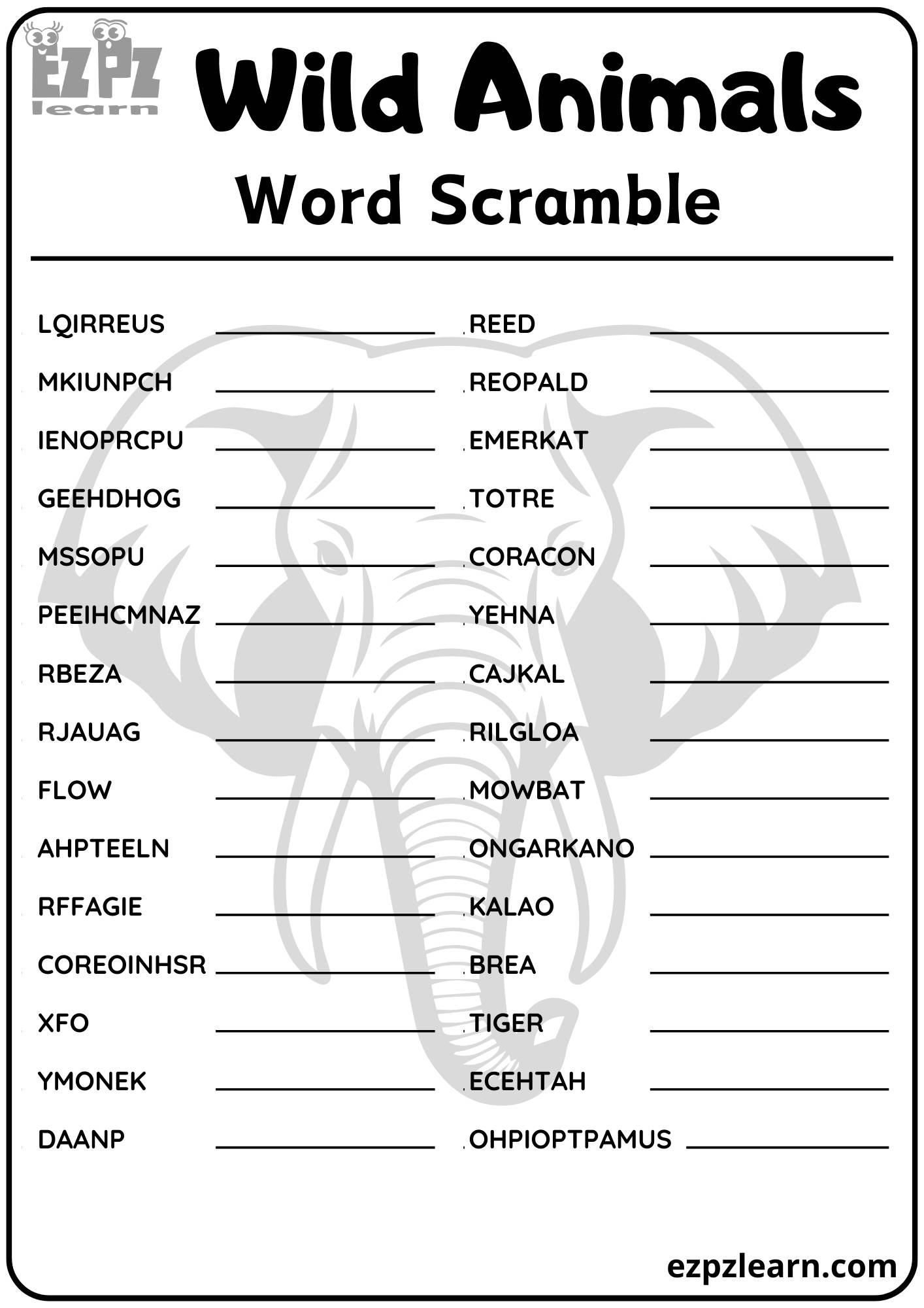 Wild Animals Word Scramble 30 Words Vocabulary Activity for Kids ...