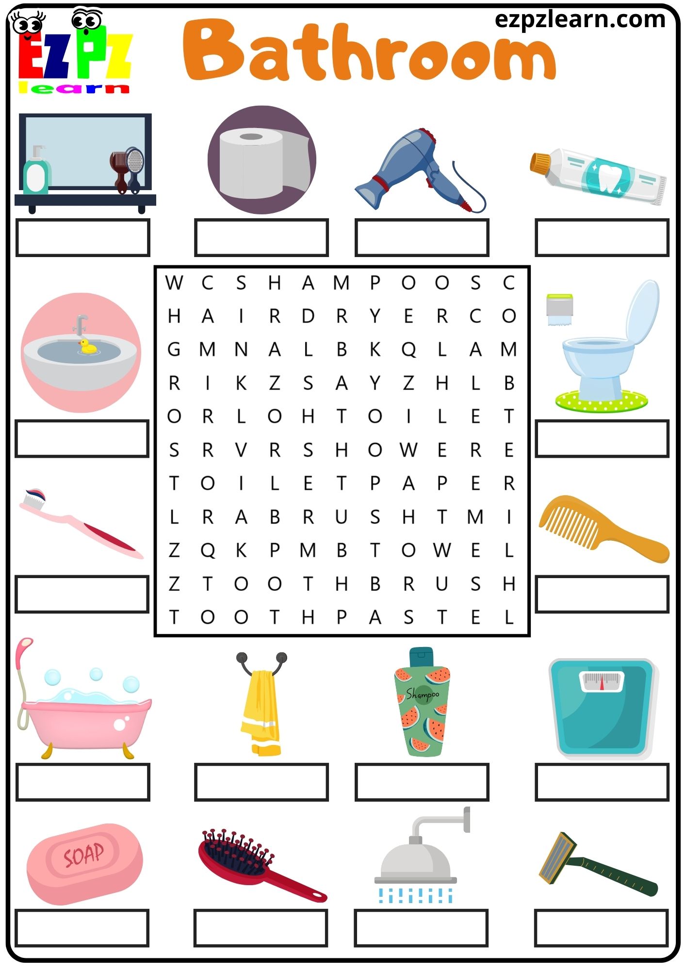 Bathroom Vocabulary Word Search and Write the Words Kids Activity ...