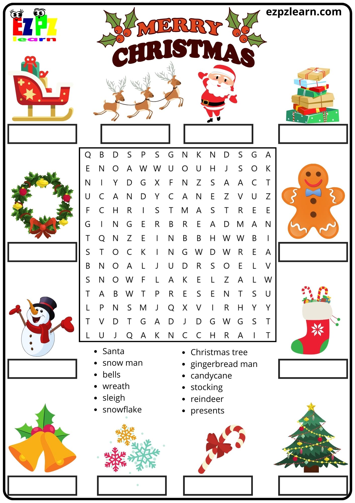 Merry Christmas Vocabulary Word Search and Match the Words Activity for ...