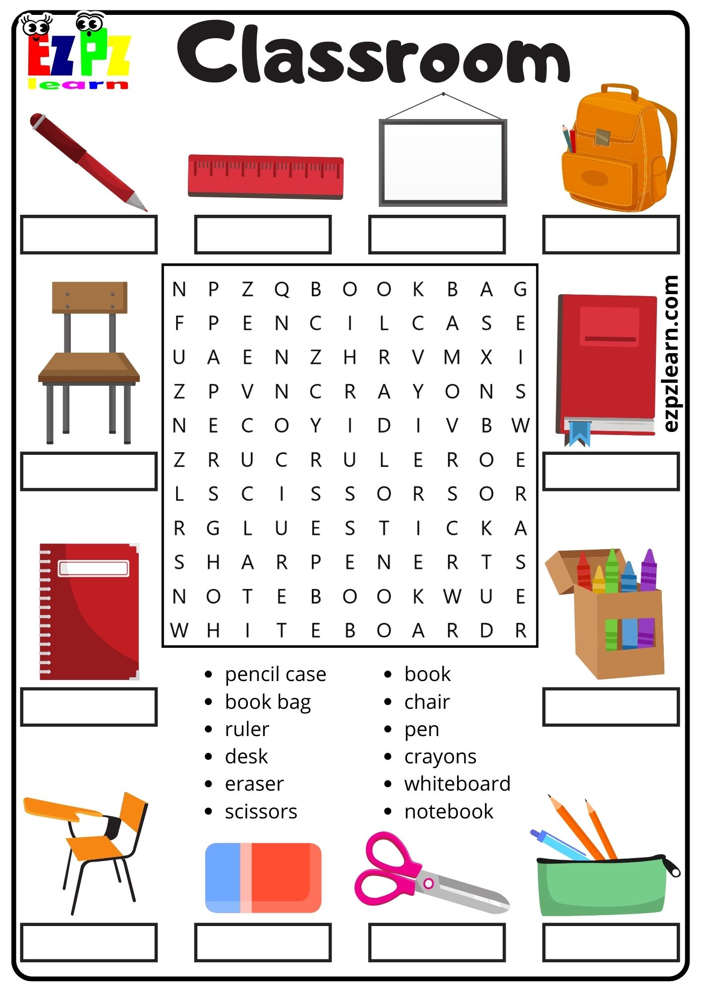 Classroom Objects Vocabulary Word Search and Match the Words Activity ...