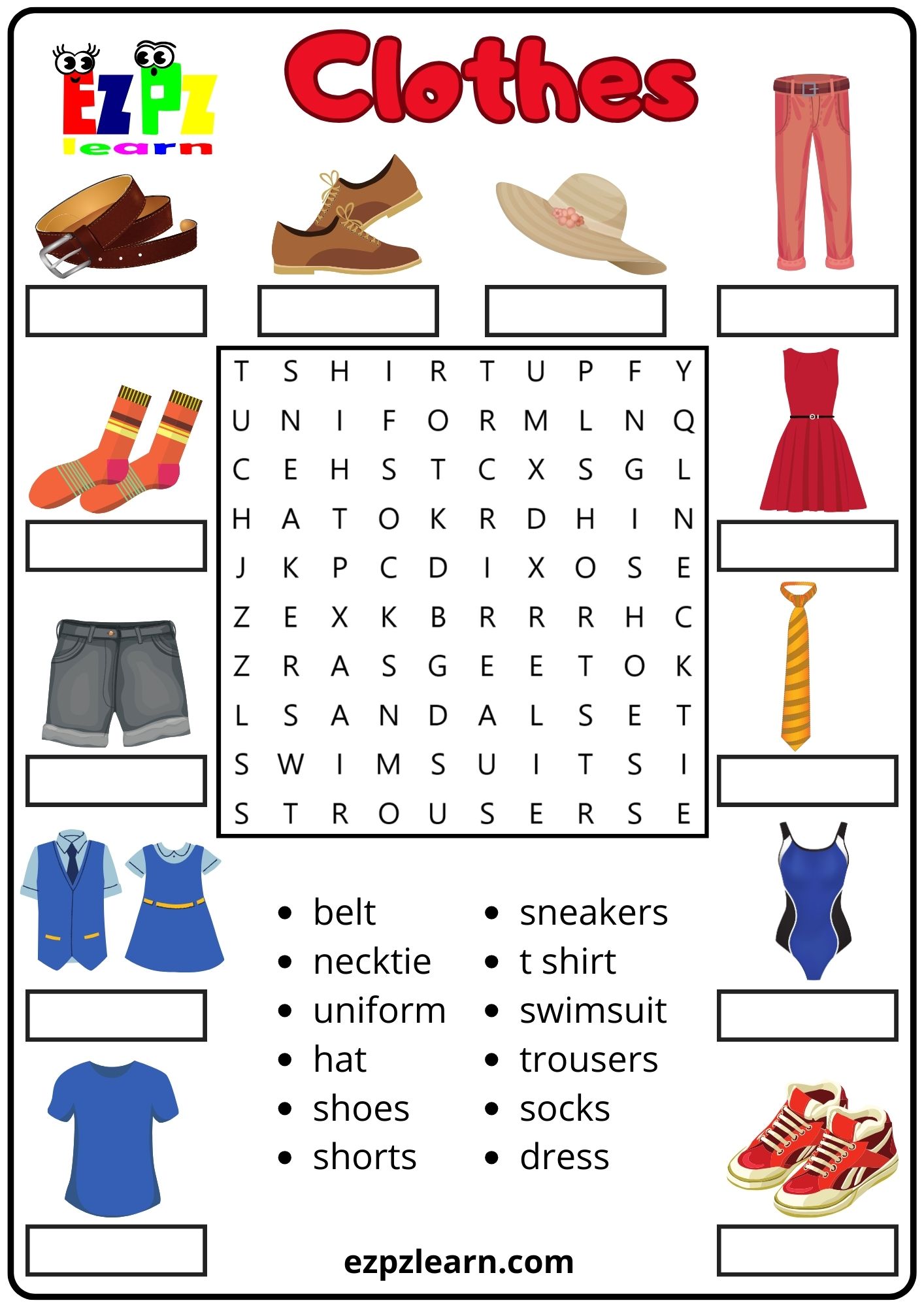 Clothes Vocabulary Word Search and Match the Words Activity for Kids ...