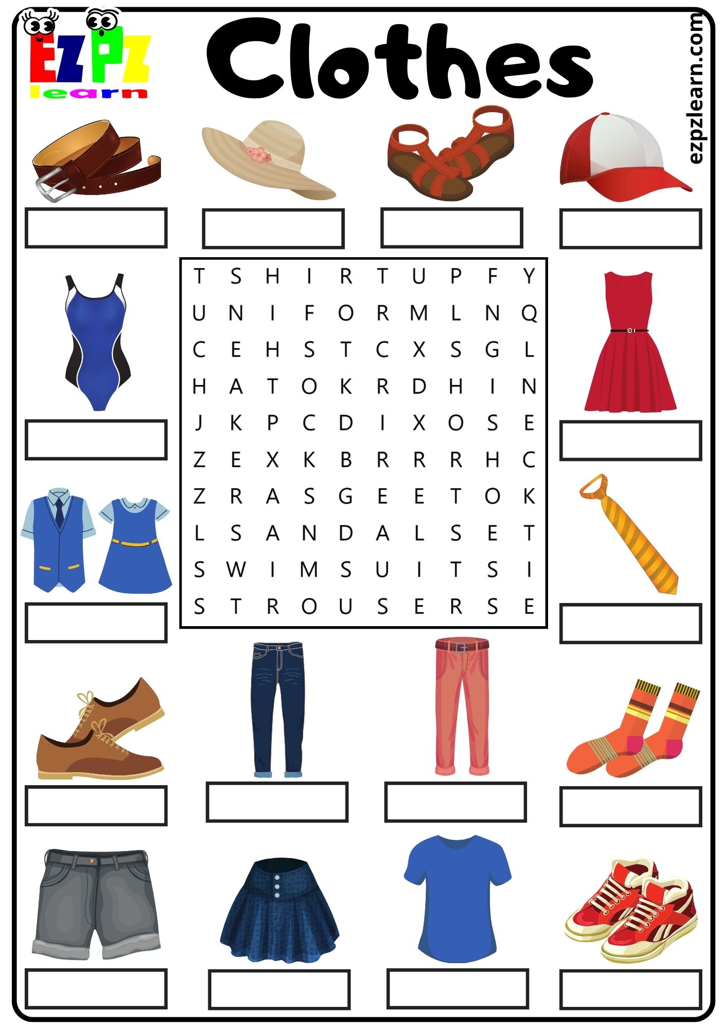 Clothes Vocabulary Word Search and Write the Words Activity for Kids ...