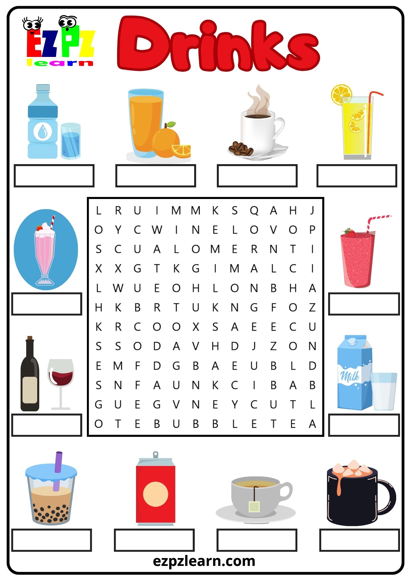 Drinks Vocabulary Word Search and Write the Words Activity for Kids PDF ...