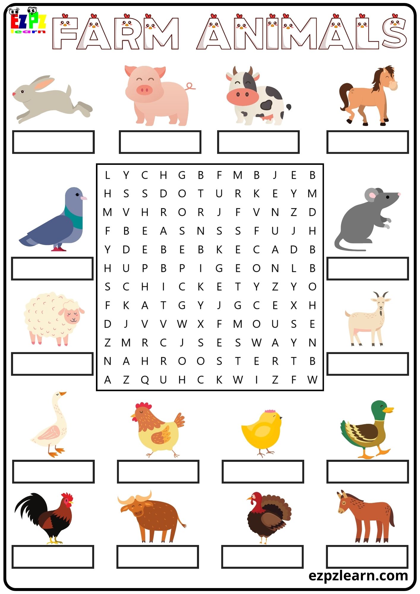 Farm Animals Vocabulary Word Search and Write the Words Activity for ...