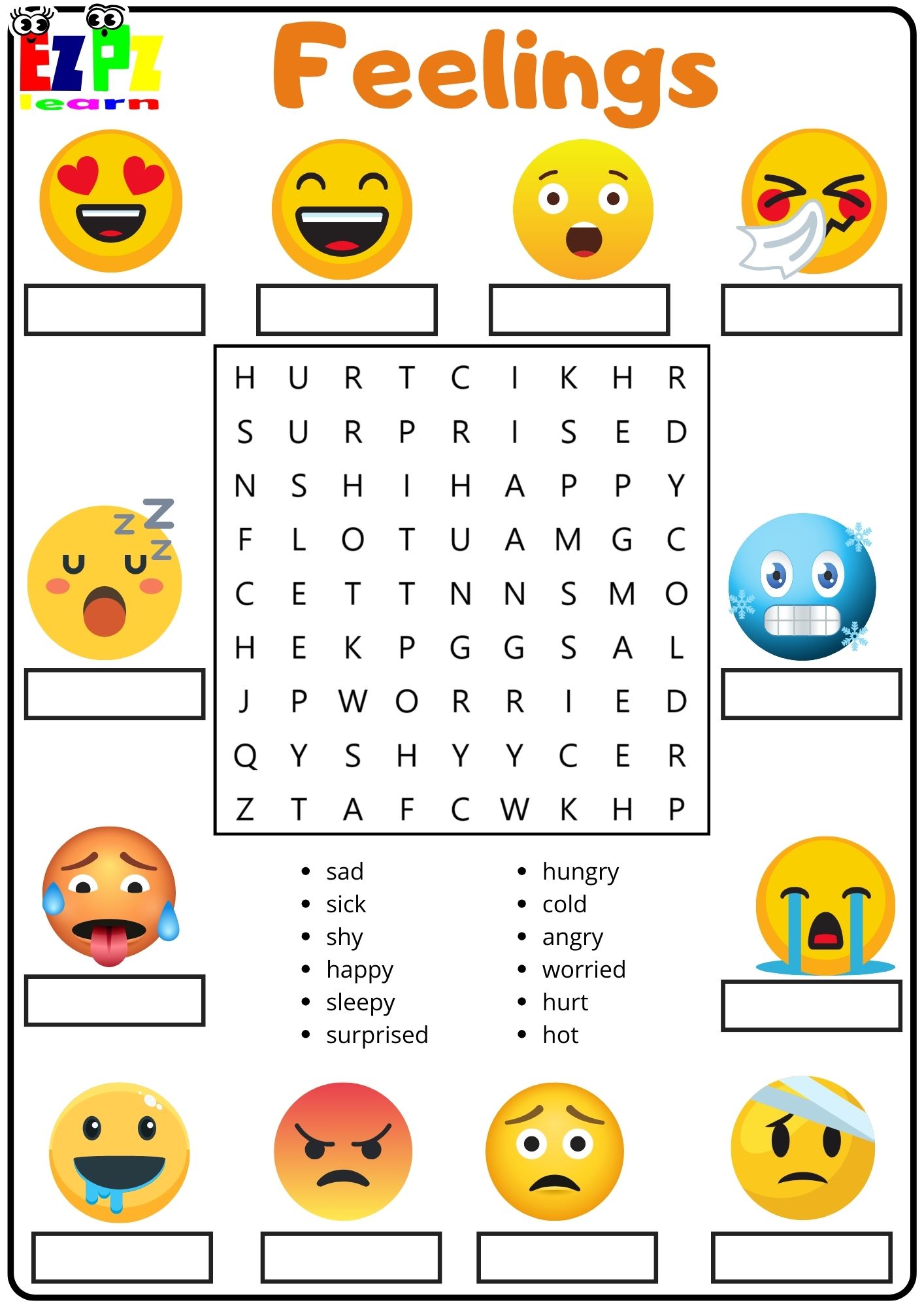Feelings and Emotions Vocabulary Word Search and Match the Words ...